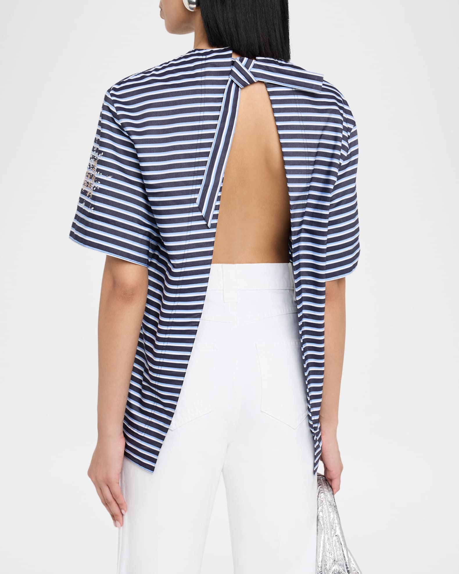 Rabanne Embellished Striped Short-Sleeve Backless T-Shirt | Neiman Marcus