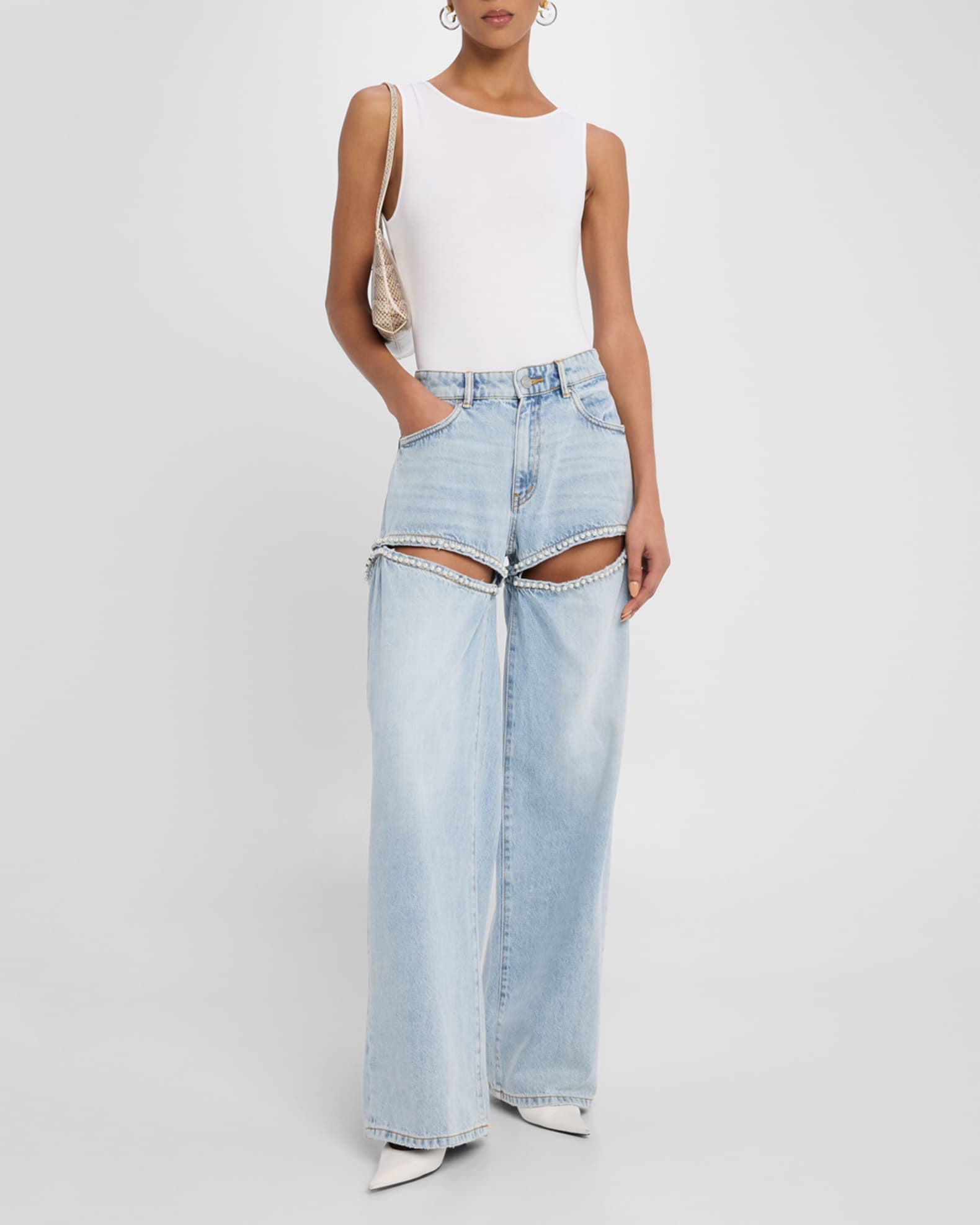 PURPLE Wide-Leg Cut-Out Pearl Jeans | Neiman Marcus