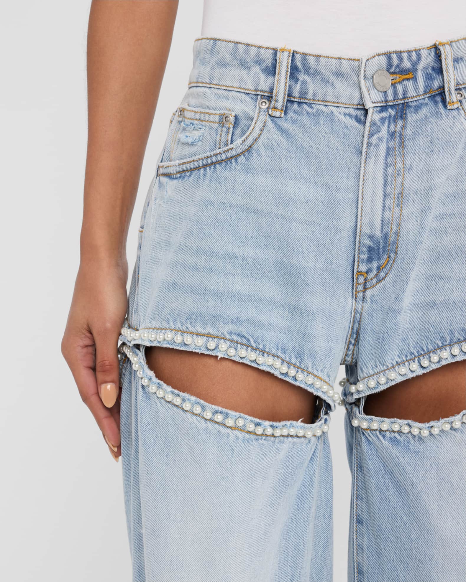 PURPLE Wide-Leg Cut-Out Pearl Jeans | Neiman Marcus