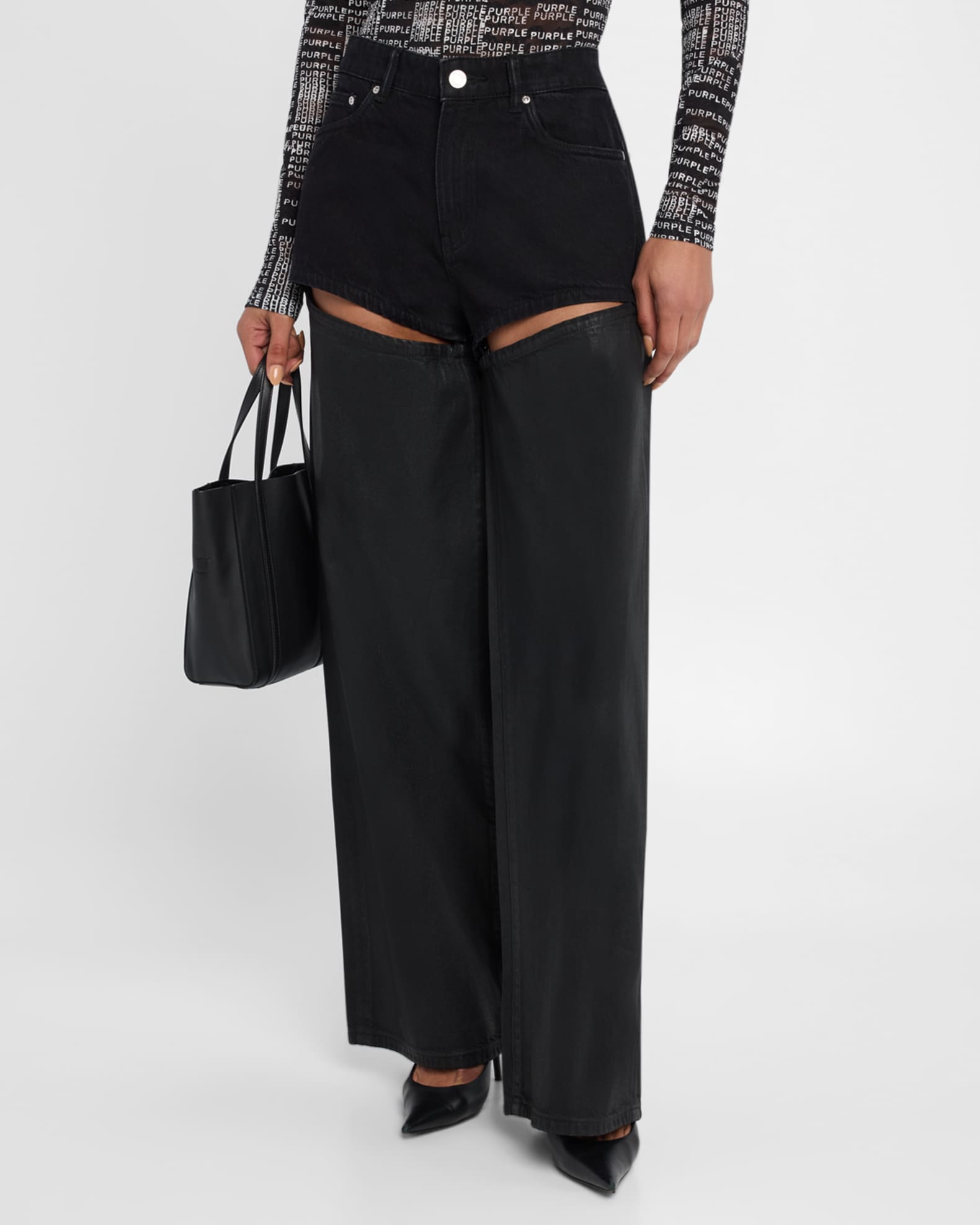 PURPLE Wide-Leg Cut-Out Coated Jeans | Neiman Marcus