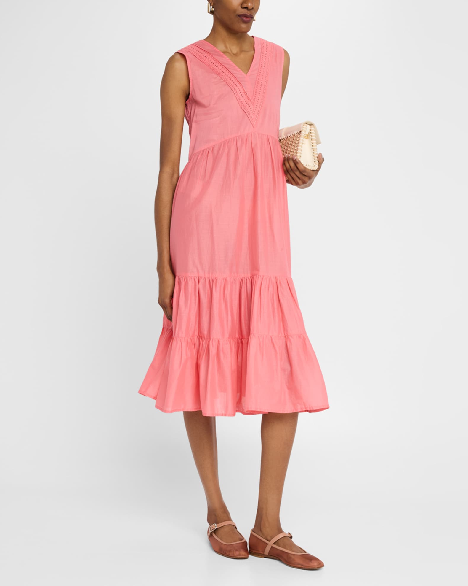 Merlette Marisa Tiered Lace-Trim Cotton Midi Dress | Neiman Marcus