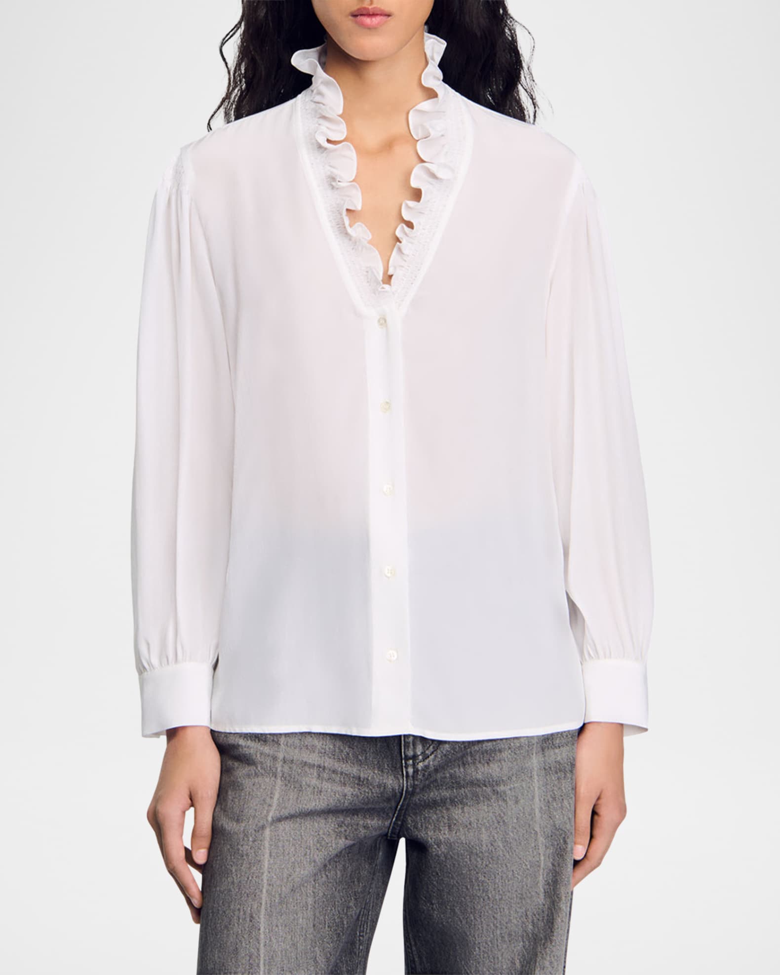 Sandro Lisandro Ruffled Silk Shirt | Neiman Marcus