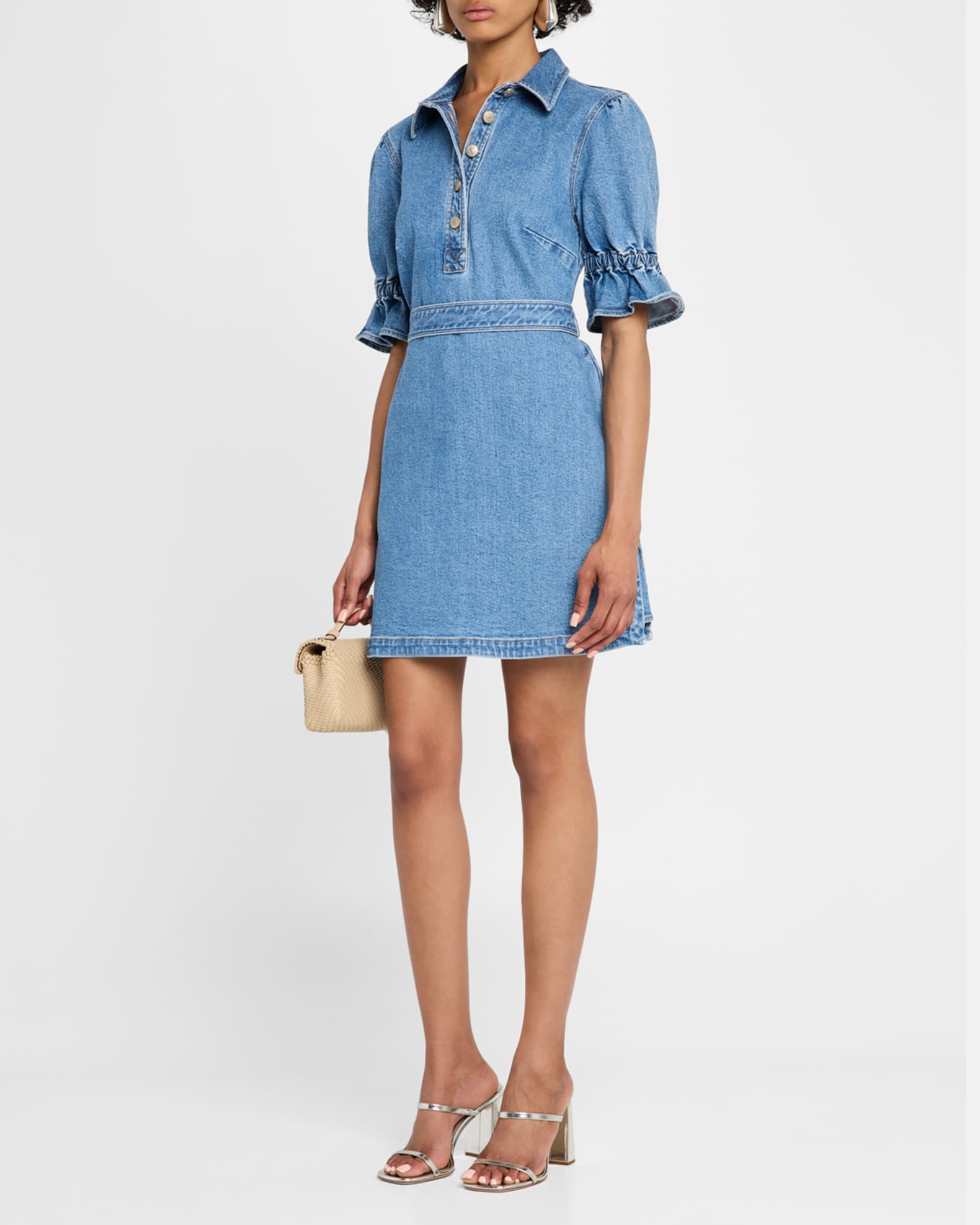 Cinq a Sept Nataly Denim Puff-Sleeve Mini Dress | Neiman Marcus