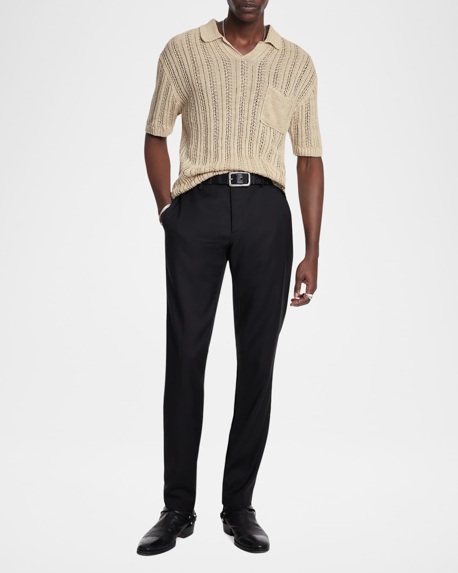 John Varvatos Men's Odin Textured Linen Polo Sweater | Neiman Marcus