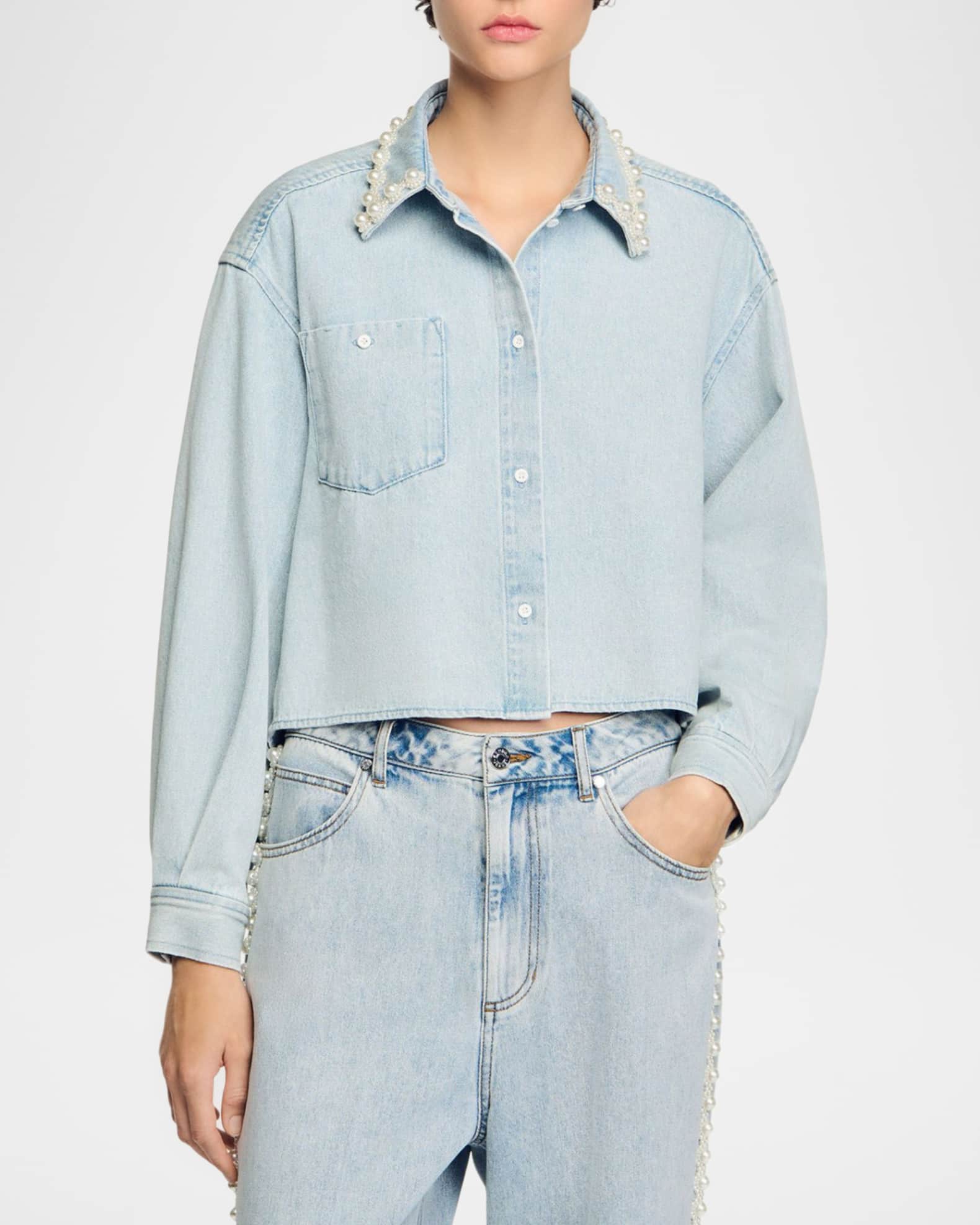 Sandro Maia Beaded Collar Denim Shirt | Neiman Marcus