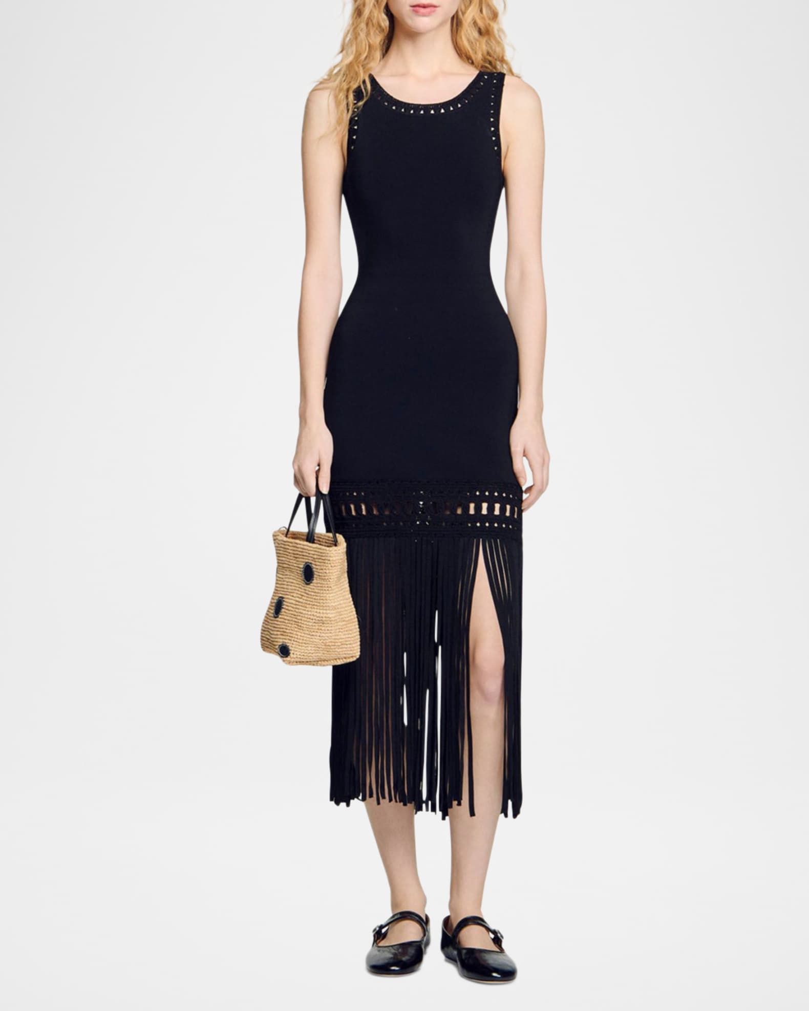 Sandro Lyne Fringe-Trim Midi Dress | Neiman Marcus