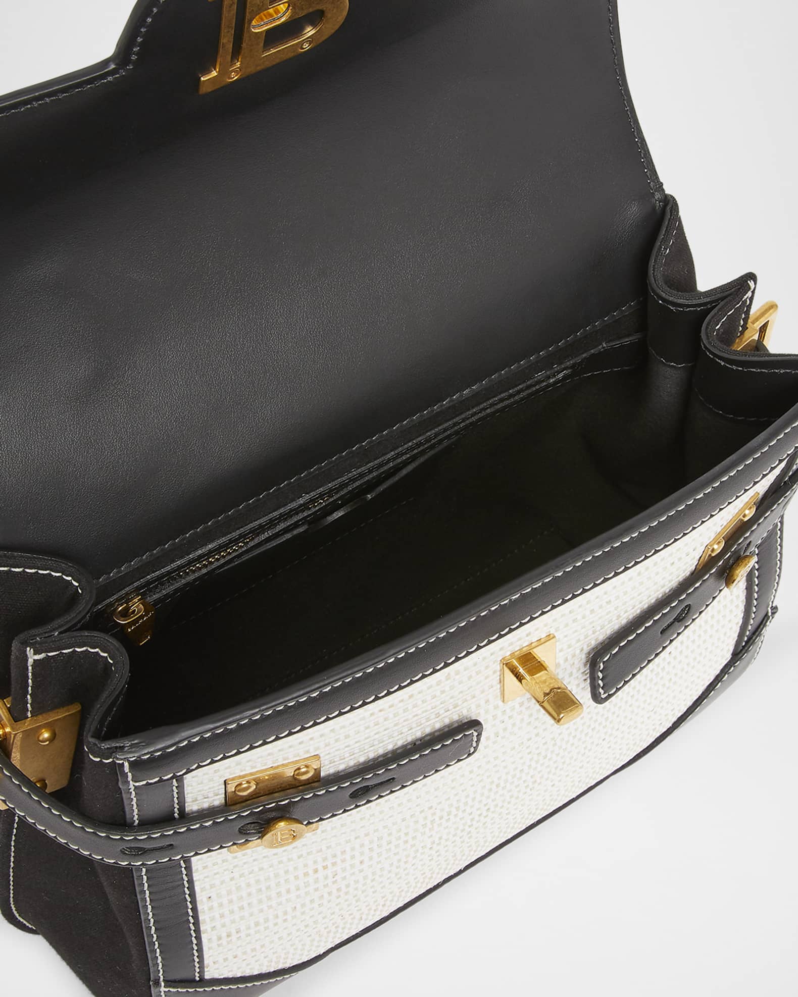 Balmain B-Buzz 23 Top-Handle Bag in Raffia and Leather | Neiman Marcus