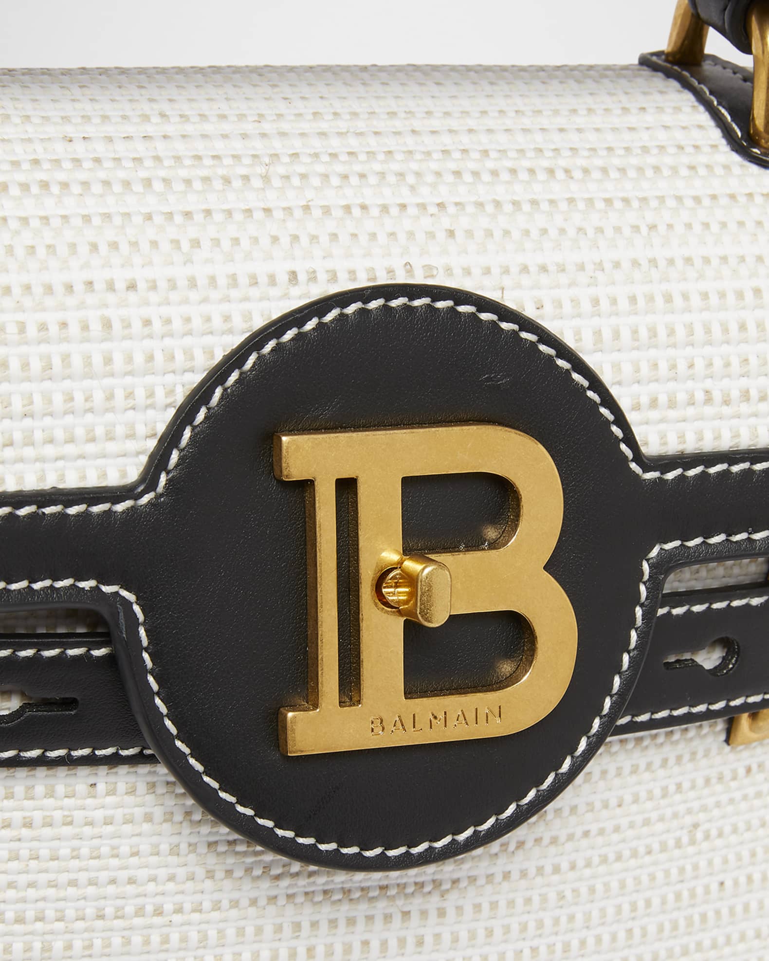 Balmain B-Buzz 23 Top-Handle Bag in Raffia and Leather | Neiman Marcus