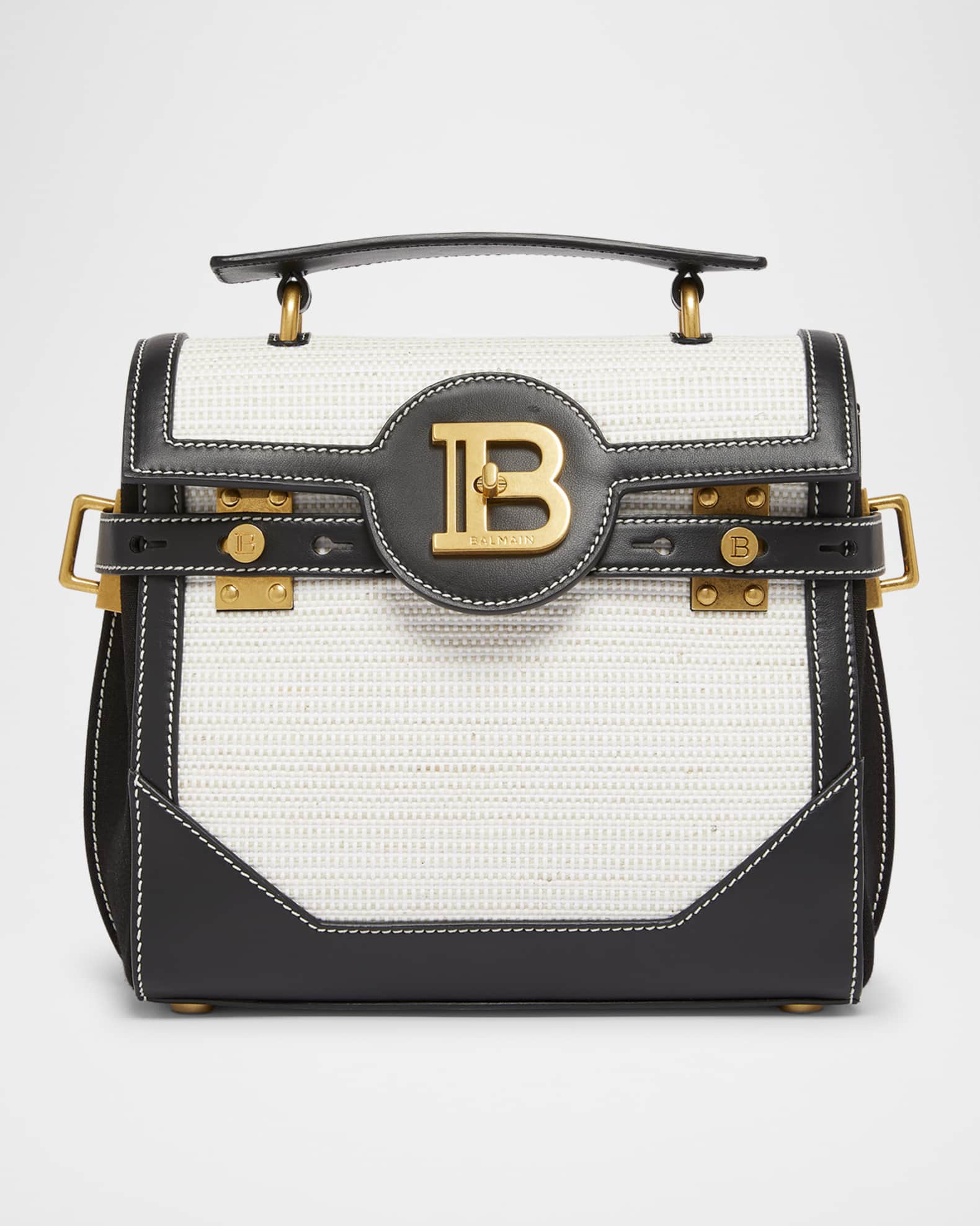 Balmain B-Buzz 23 Top-Handle Bag in Raffia and Leather | Neiman Marcus