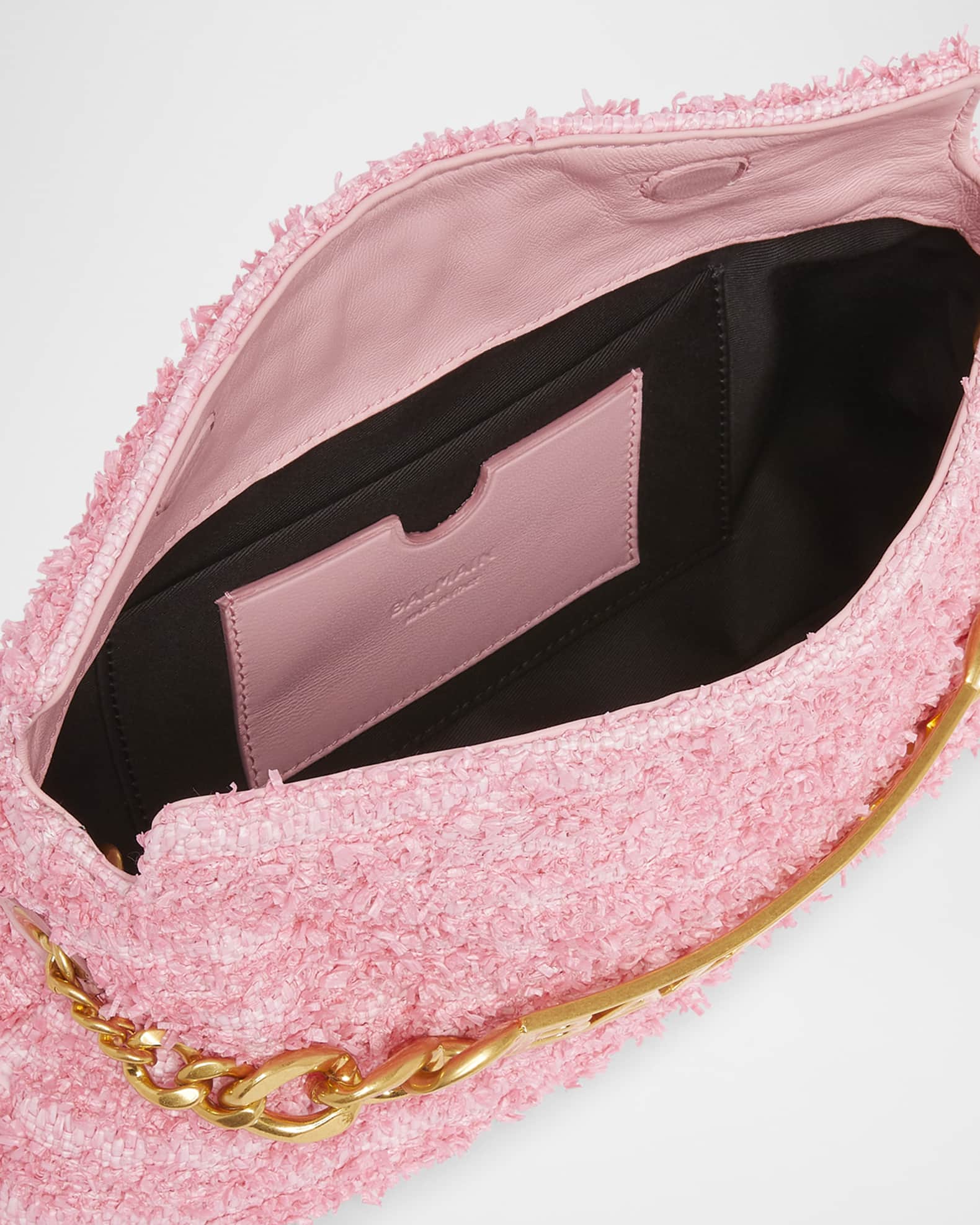 Balmain 1945 Pouch Clutch Bag in Tweed Fabric with Logo Chain | Neiman ...