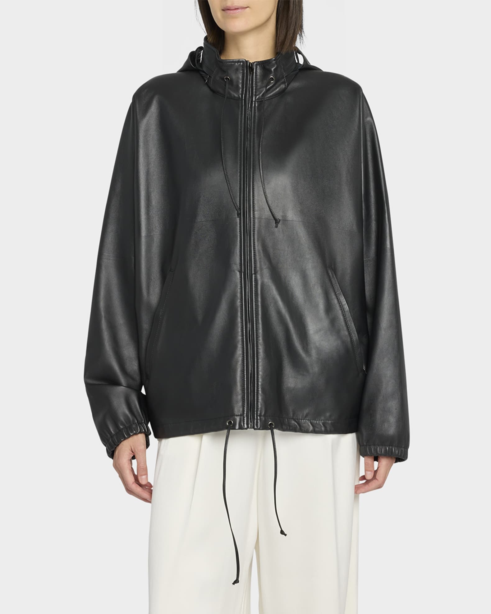 THE ROW Jilly Leather Zip Hooded Jacket | Neiman Marcus