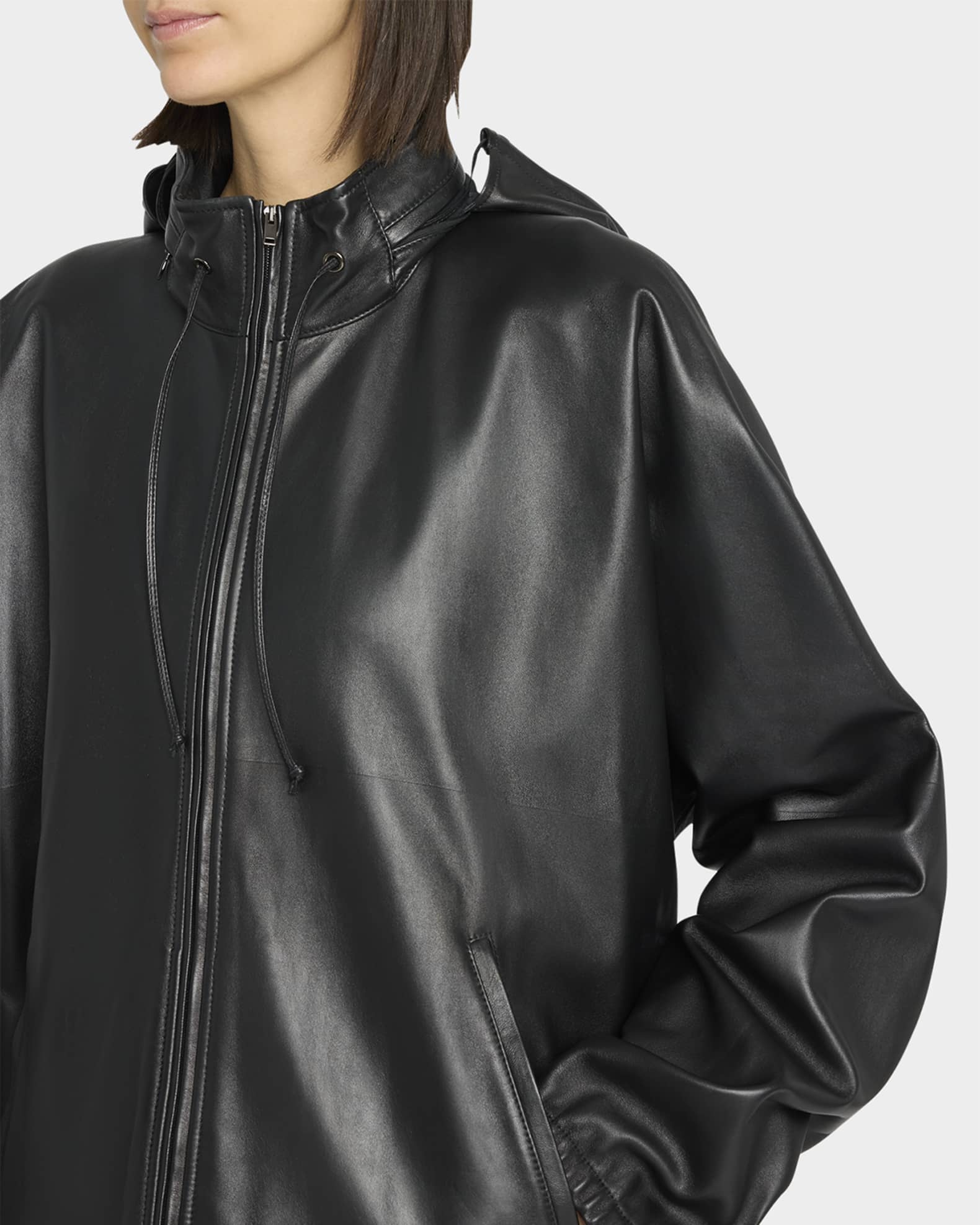 THE ROW Jilly Leather Zip Hooded Jacket | Neiman Marcus