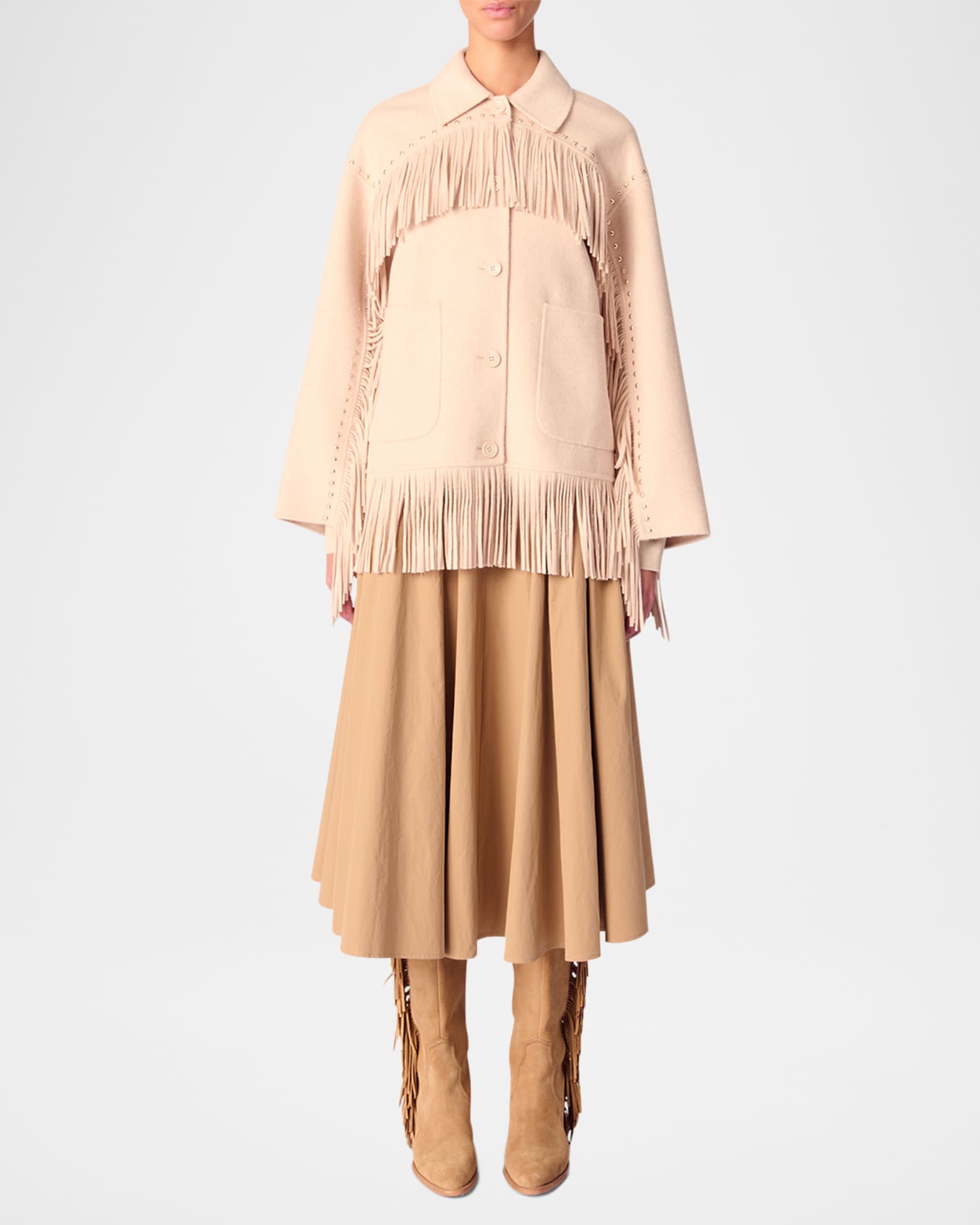 Maje Grincho Studded Fringe-Trim Coat | Neiman Marcus