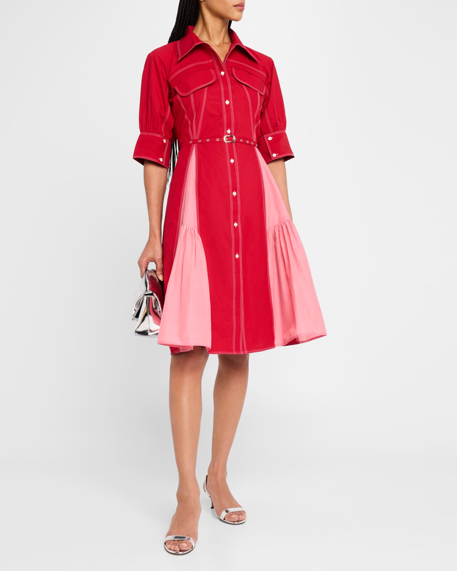 LOVEBIRDS Peik Lin Topstitched Godet Shirtdress | Neiman Marcus