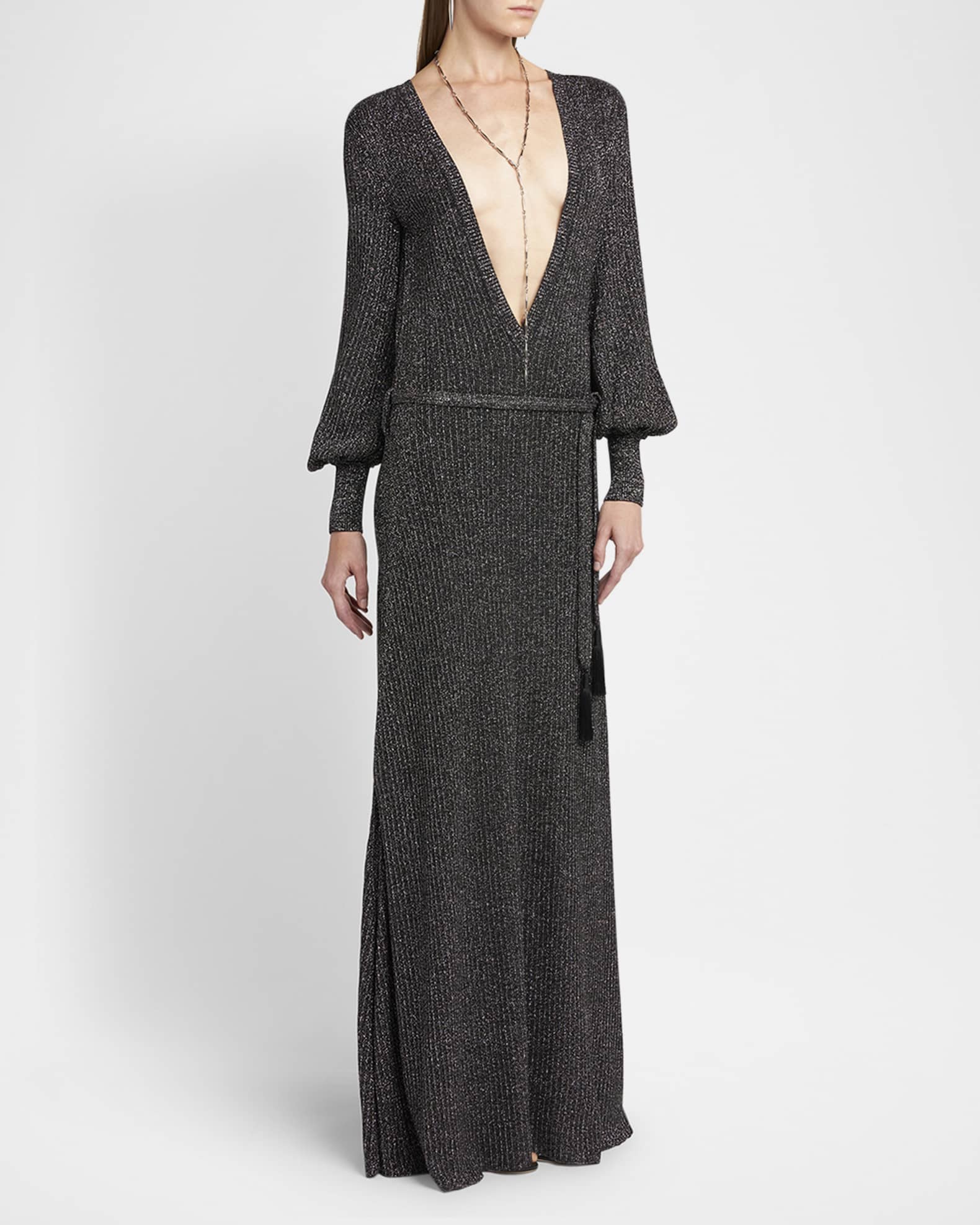TOM FORD Plunging Vanise Metallic Rib Backless Maxi Dress | Neiman Marcus