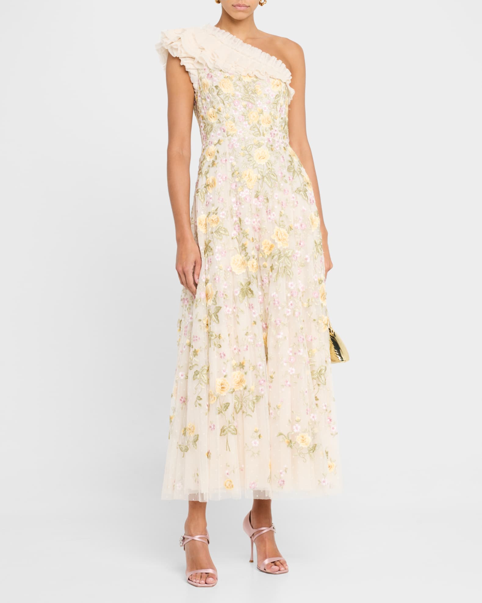 Needle & Thread Florine One-Shoulder Embroidered Tulle Gown | Neiman Marcus