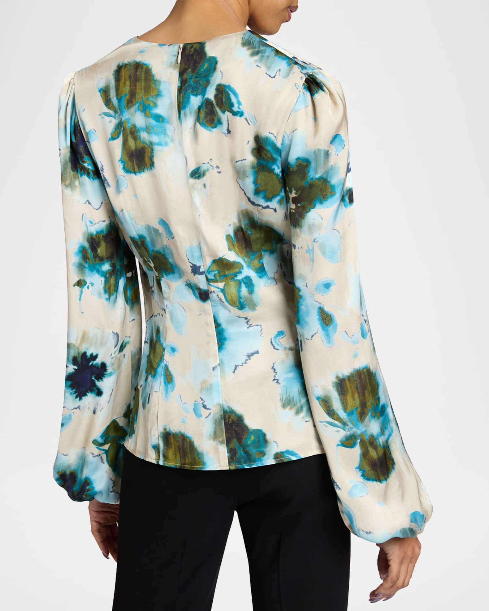 Santorelli Ruby Cinched-Waist Floral-Print Blouse | Neiman Marcus