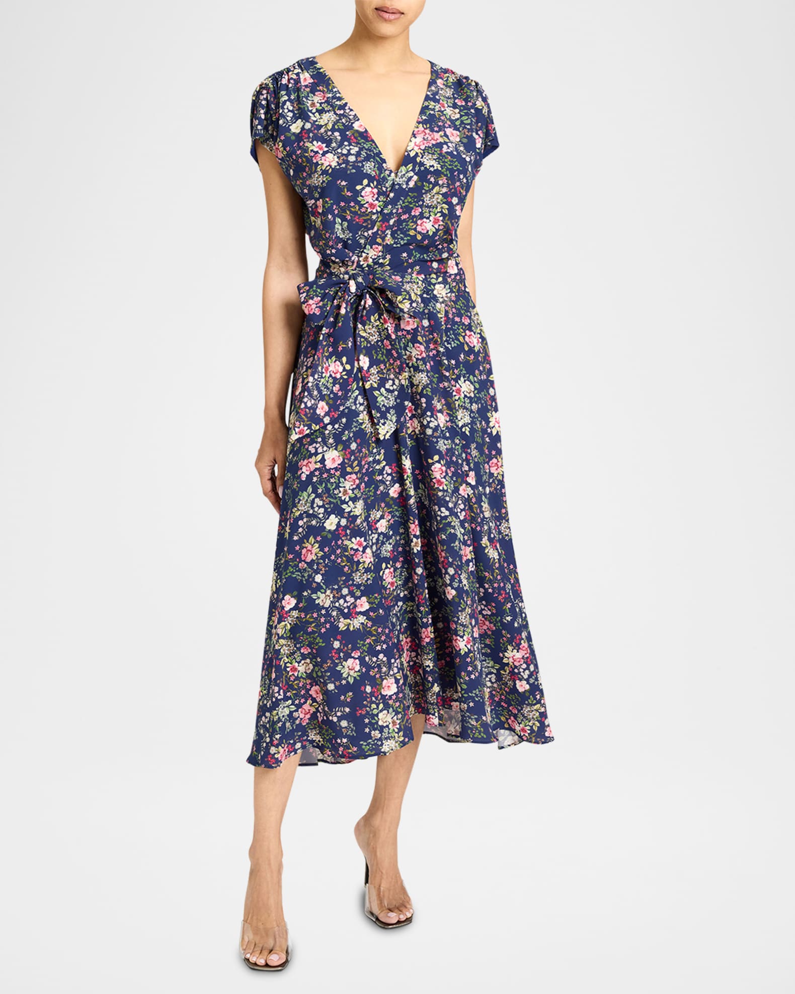 Santorelli Talia Faux-Wrap Lightweight Stretch Midi Dress | Neiman Marcus