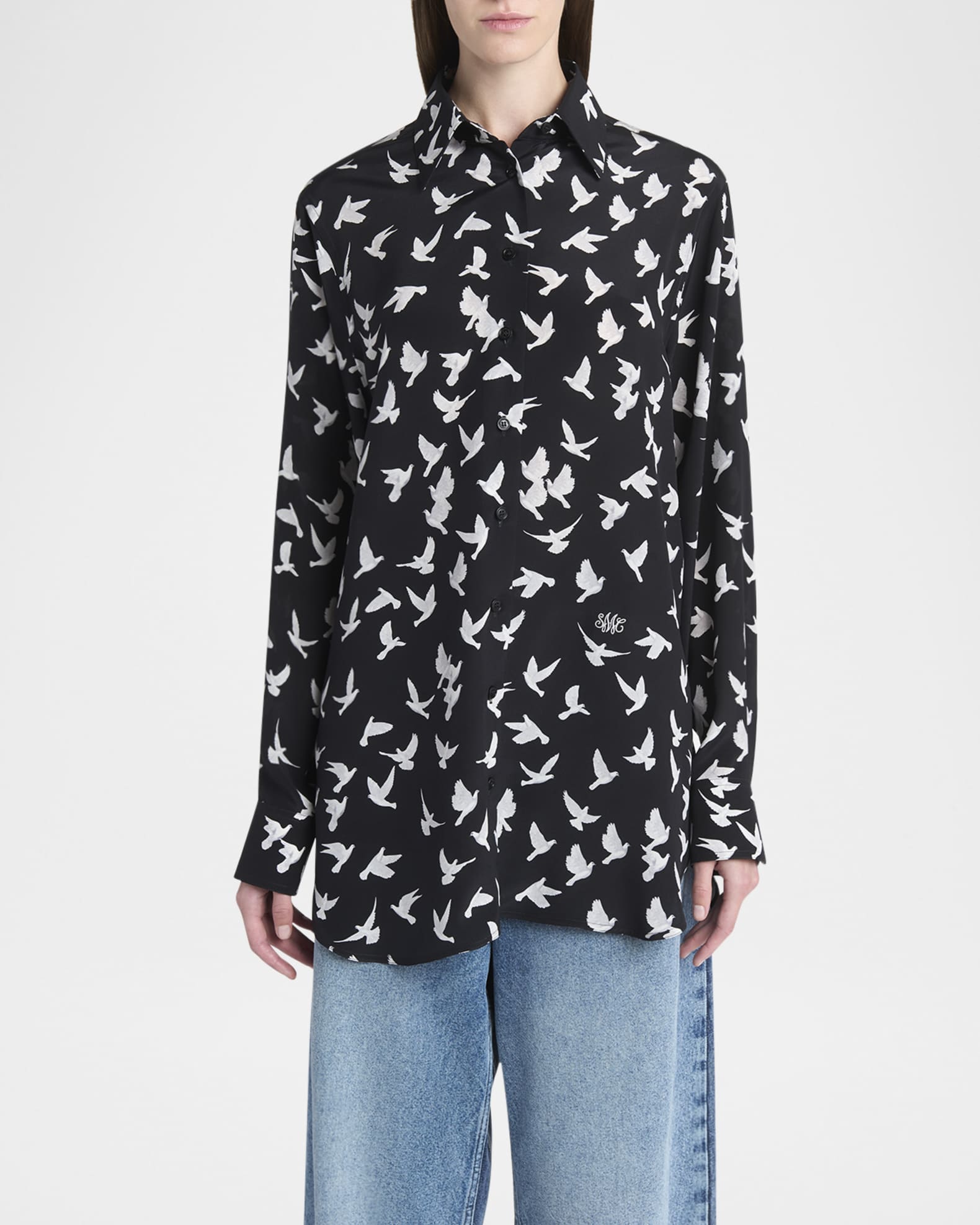 Stella McCartney Flying Bird Silk Oversized Button-Down Shirt | Neiman ...