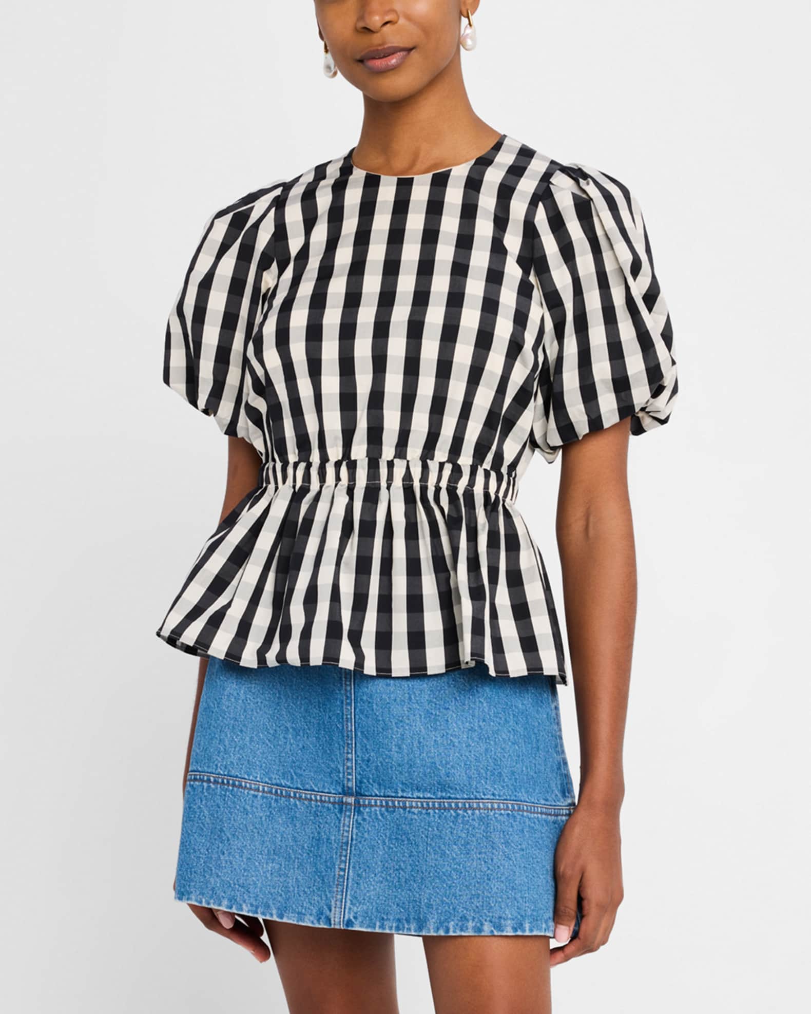Tanya Taylor Chelsey Check Puff-Sleeve Peplum Top | Neiman Marcus