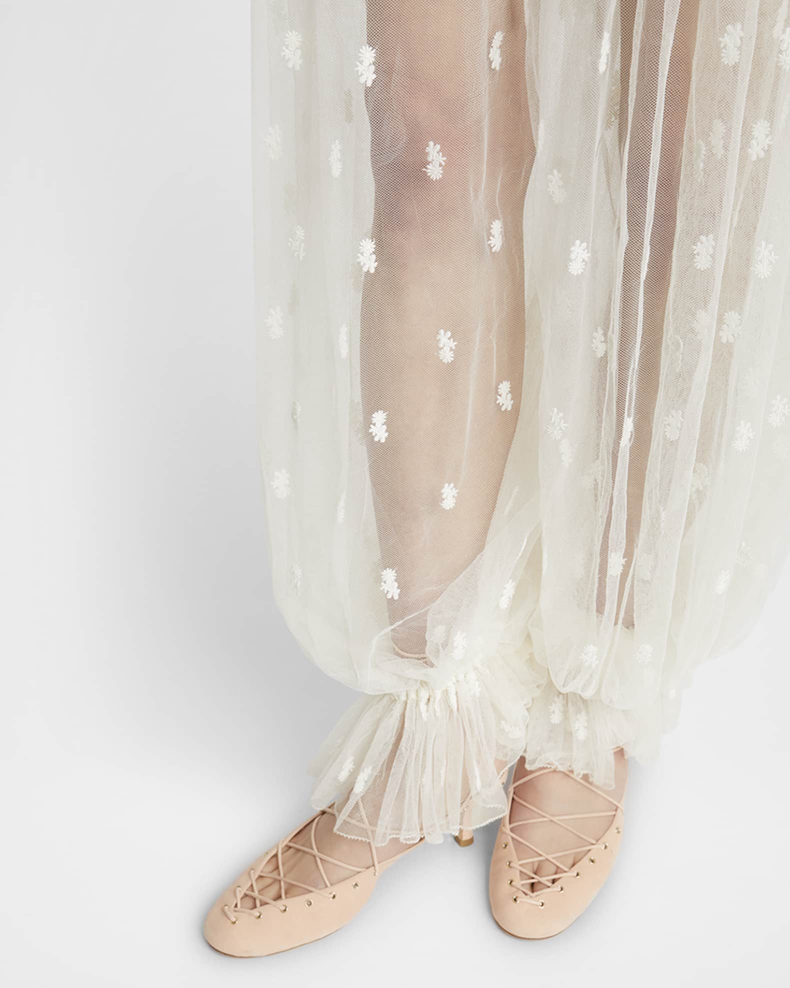 Chloe Embroidered Tulle Wide-Leg Ruffle Trousers | Neiman Marcus