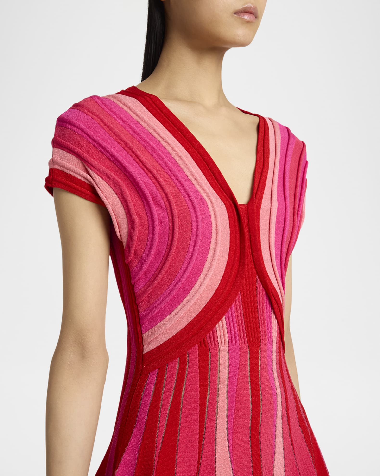 Balmain V-Neck Rolled Knit Flare Mini Dress | Neiman Marcus