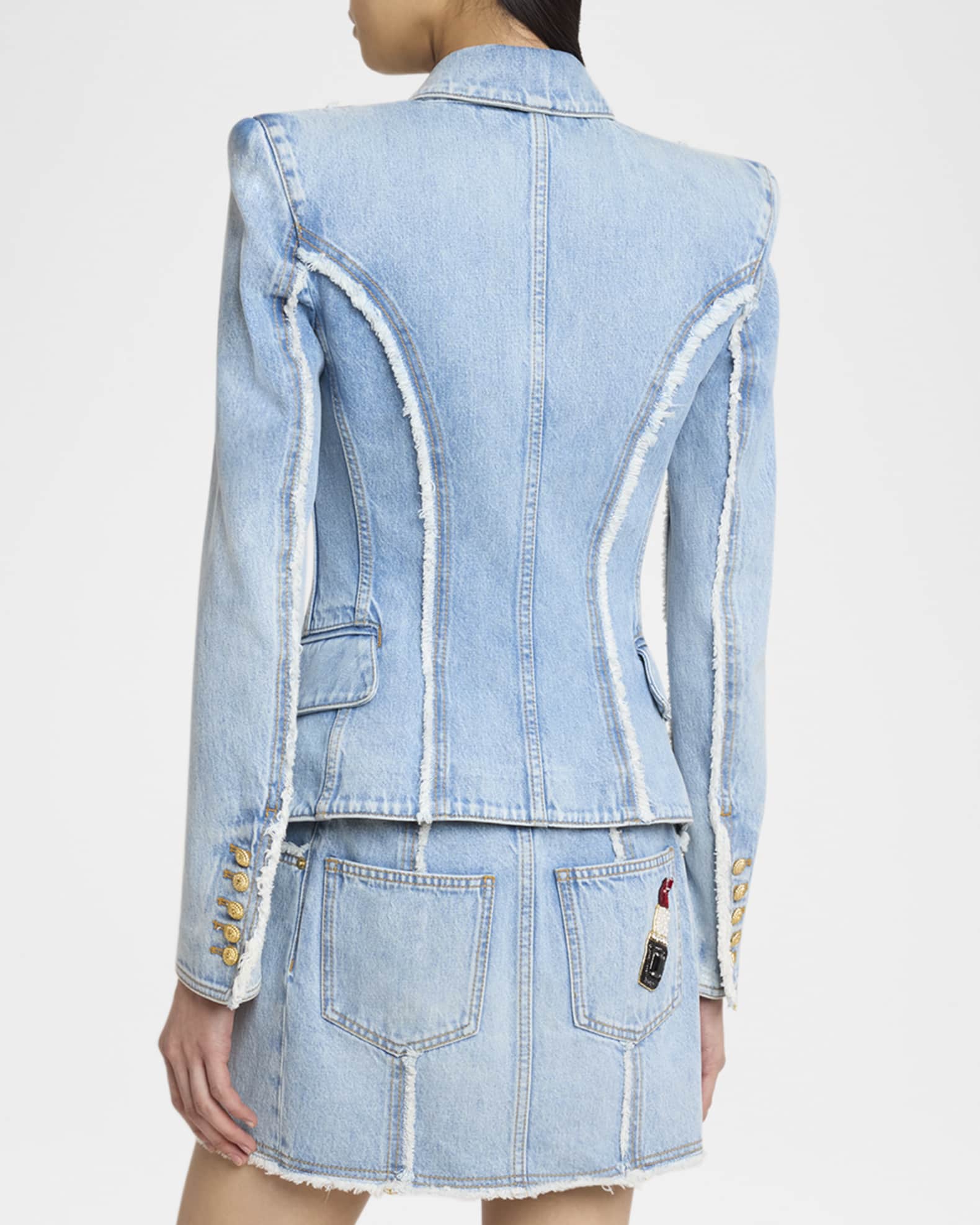 Balmain 6-Button Raw-Edge Denim Jacket | Neiman Marcus
