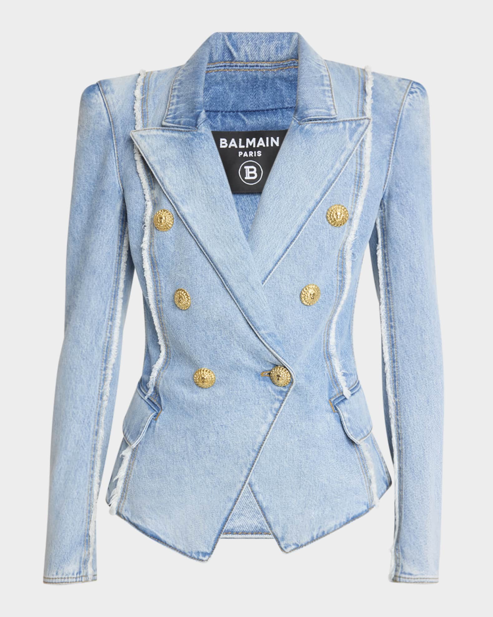 Balmain 6-Button Raw-Edge Denim Jacket | Neiman Marcus