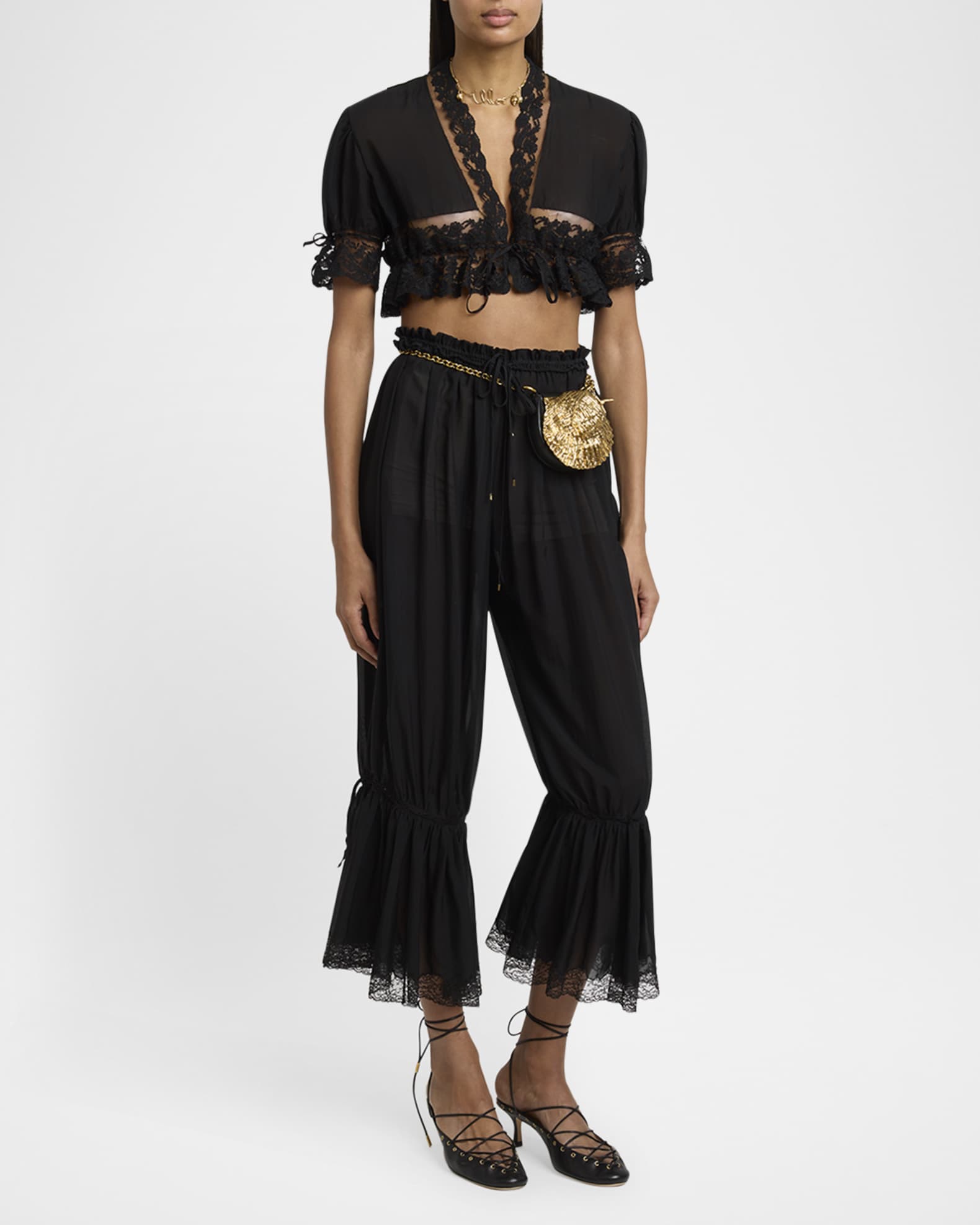 Chloe Drawstring Lace-Trim Cropped Pants | Neiman Marcus