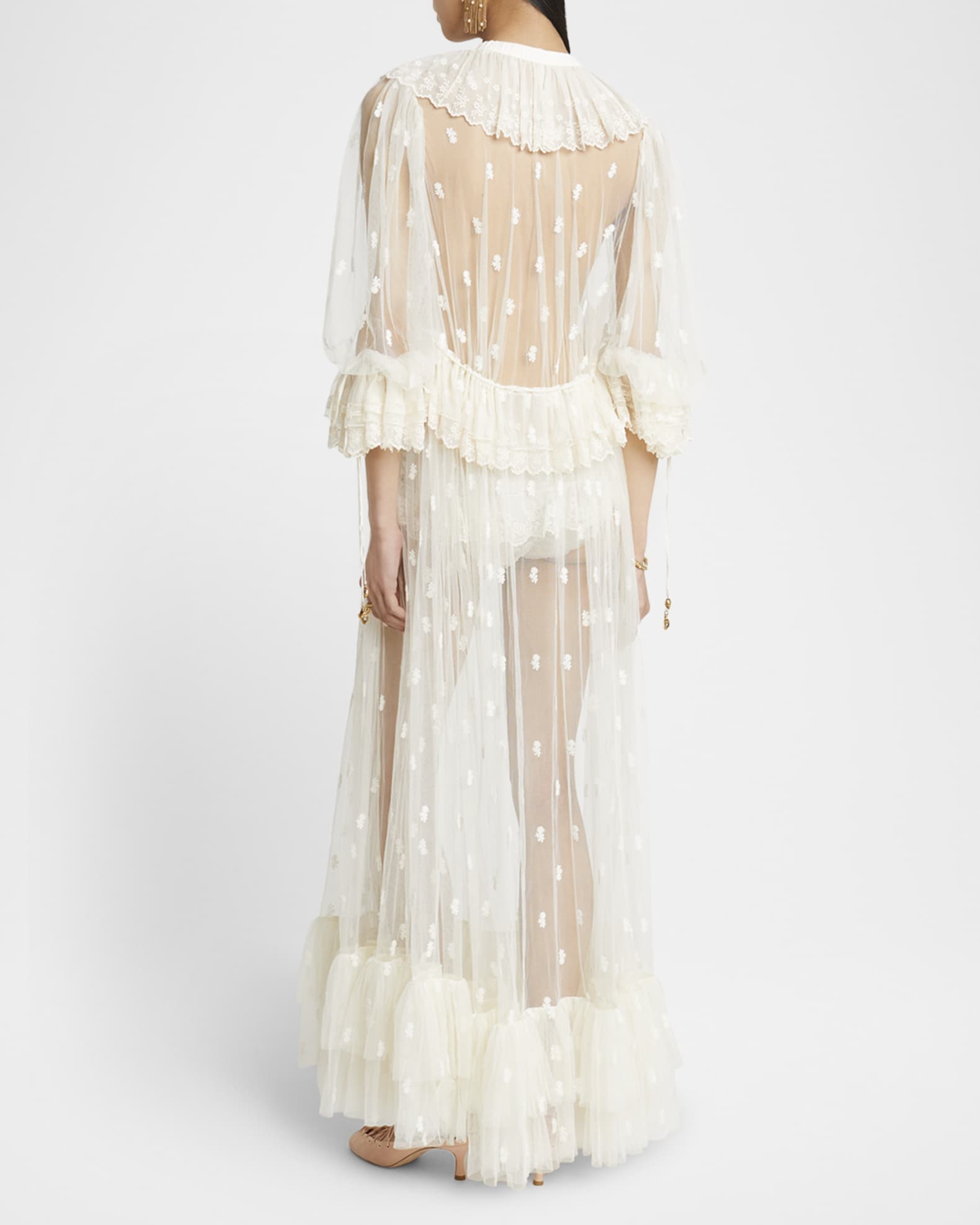 Chloe Long Lace Ruffled Drawstring Dress | Neiman Marcus