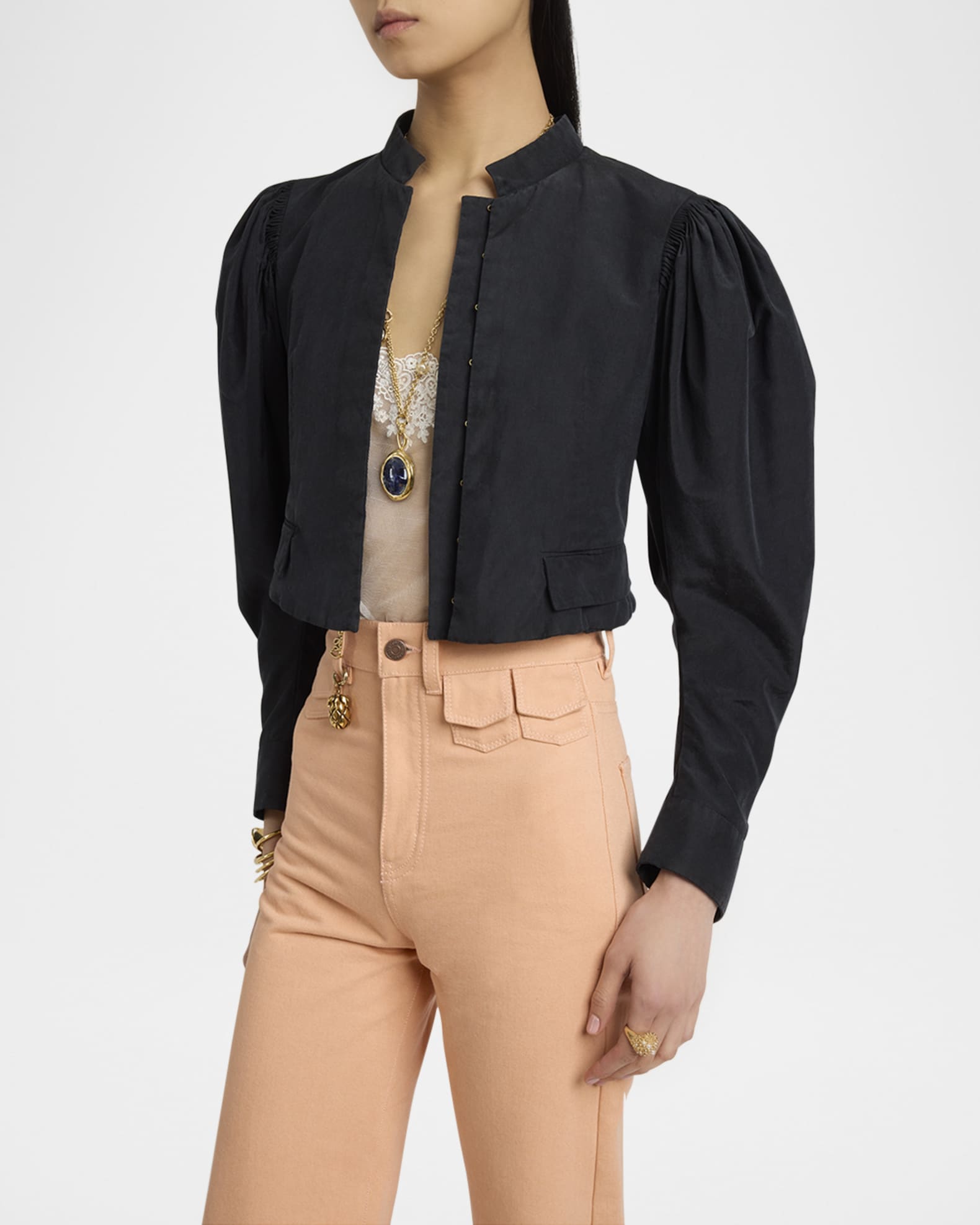 Chloe Puff-Sleeve Cropped Silk Jacket | Neiman Marcus