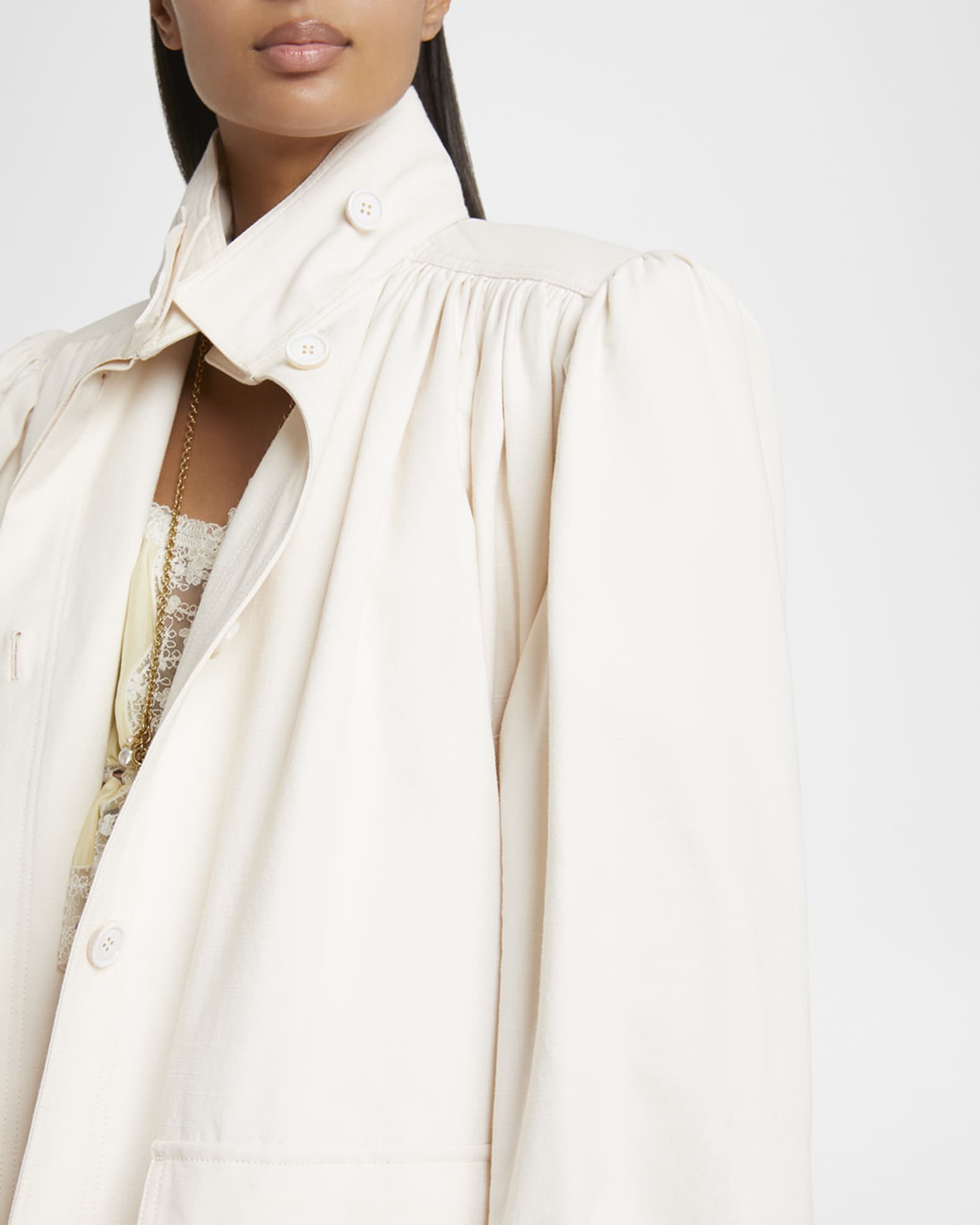 Chloe Gathered Puff-Sleeve Cotton Jacket | Neiman Marcus