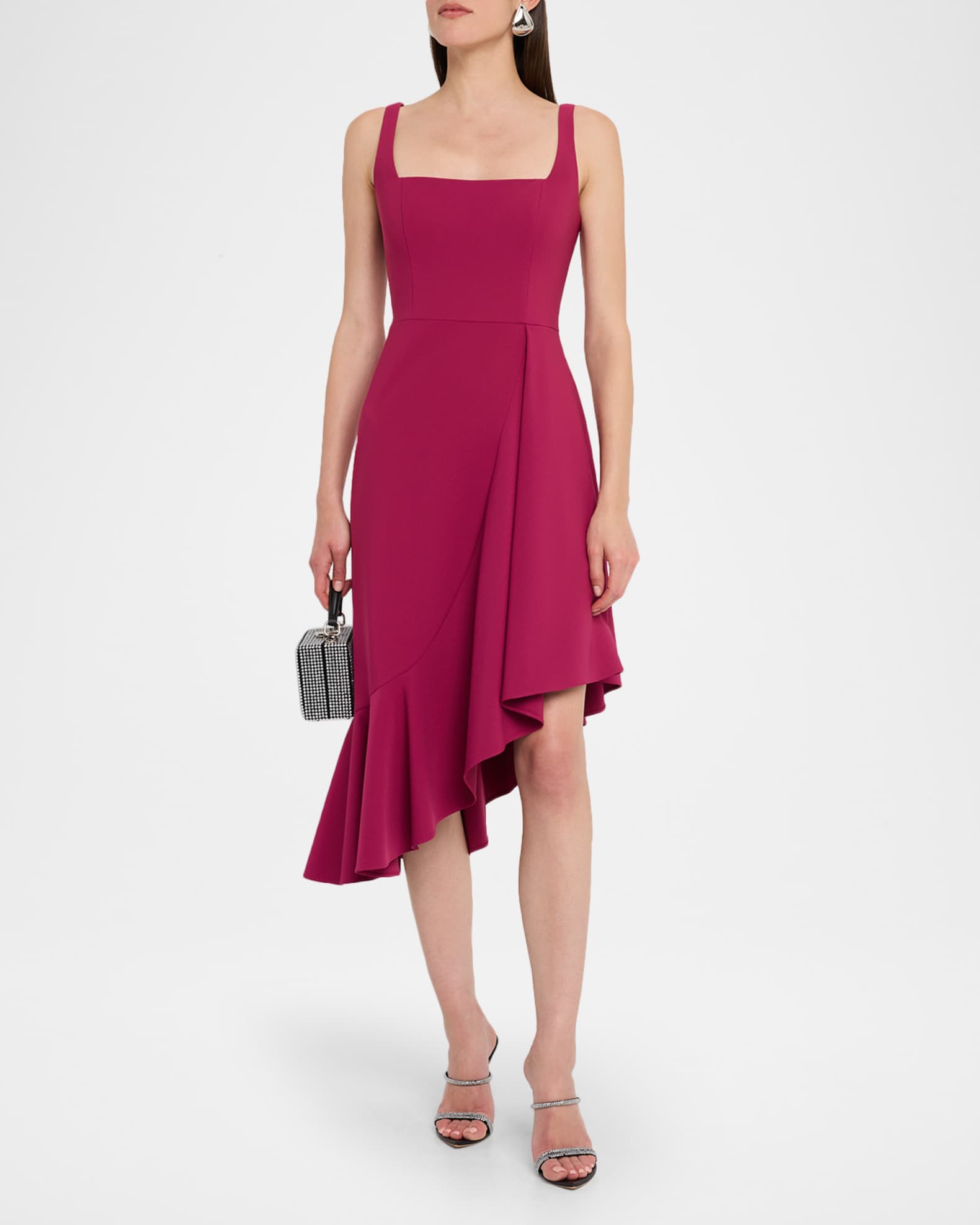 Aidan Mattox Sleeveless High-Low Ruffle Crepe Midi Dress | Neiman Marcus