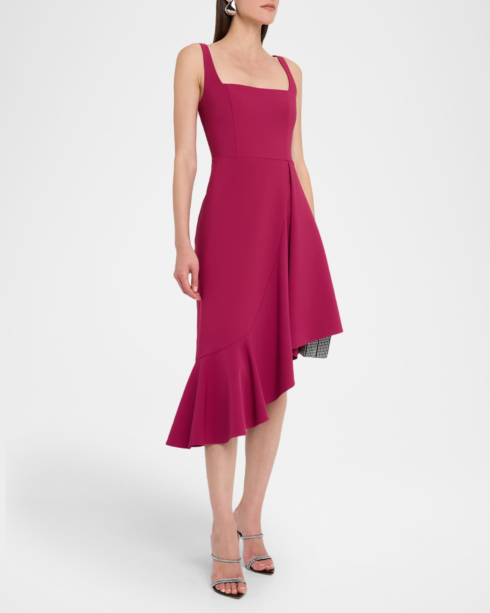 Aidan Mattox Sleeveless High-Low Ruffle Crepe Midi Dress | Neiman Marcus