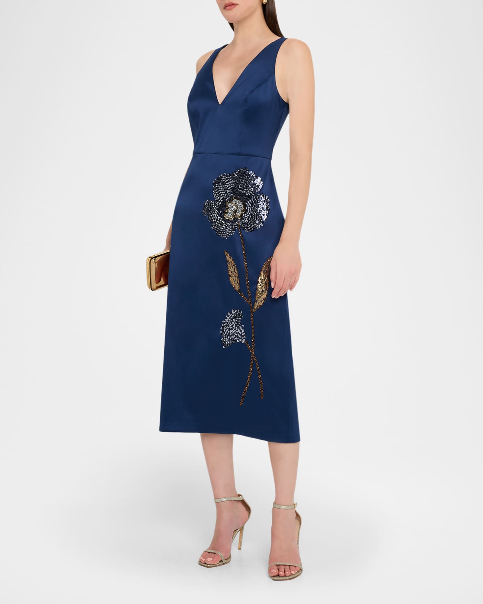 Aidan Mattox Sleeveless Flower-Beaded Midi Dress | Neiman Marcus
