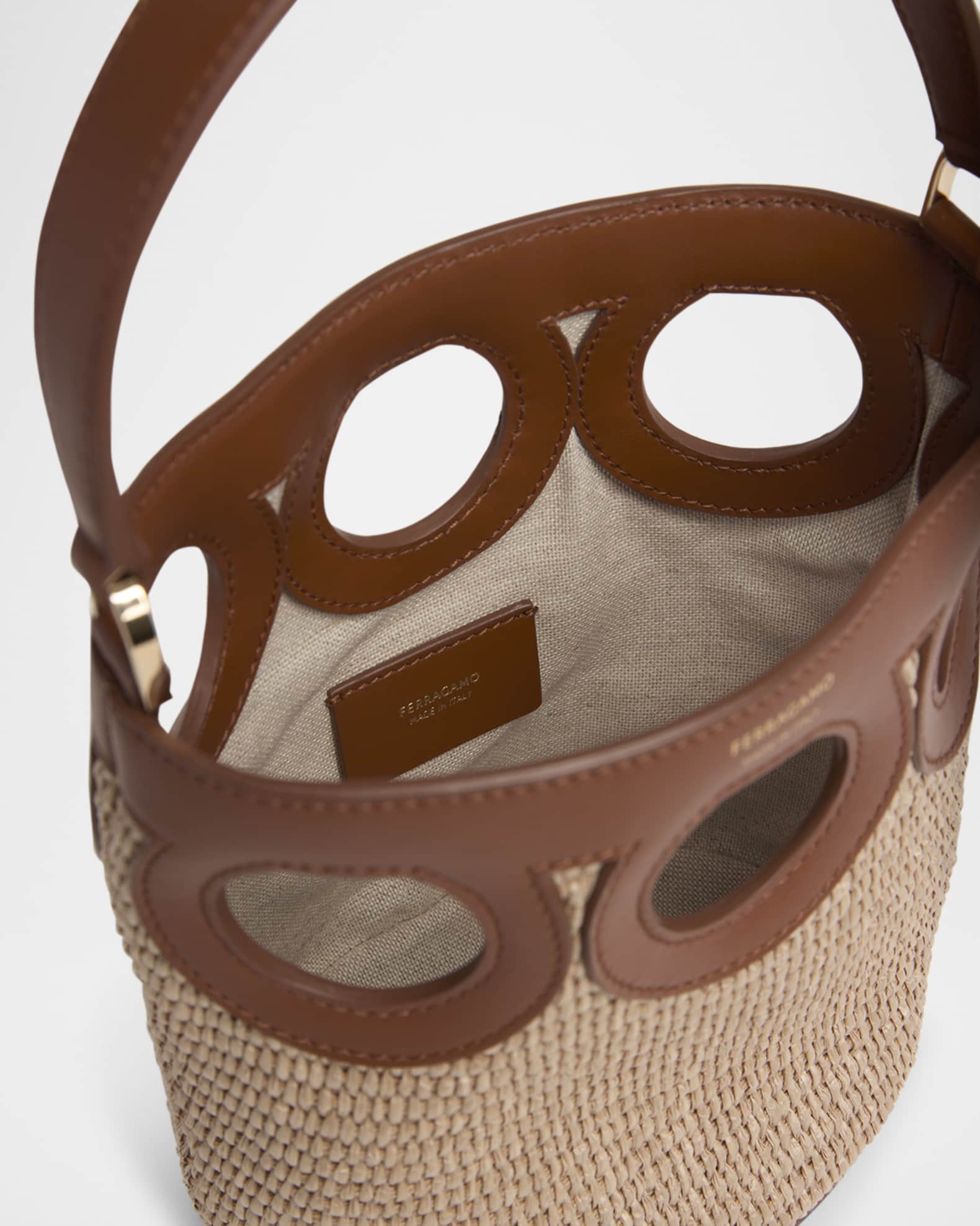 Ferragamo Gancini Frame Raffia Bucket Bag | Neiman Marcus