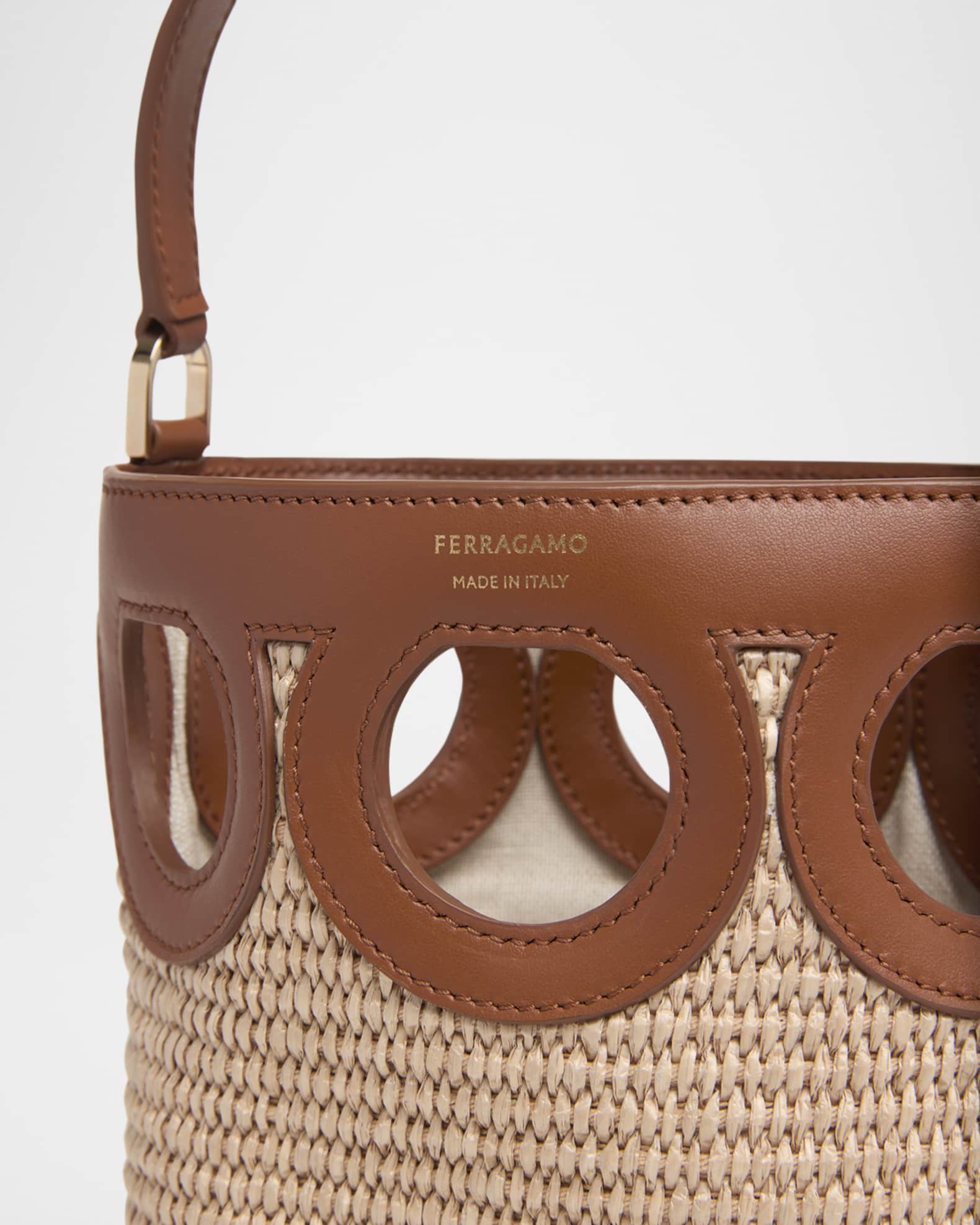 Ferragamo Gancini Frame Raffia Bucket Bag | Neiman Marcus