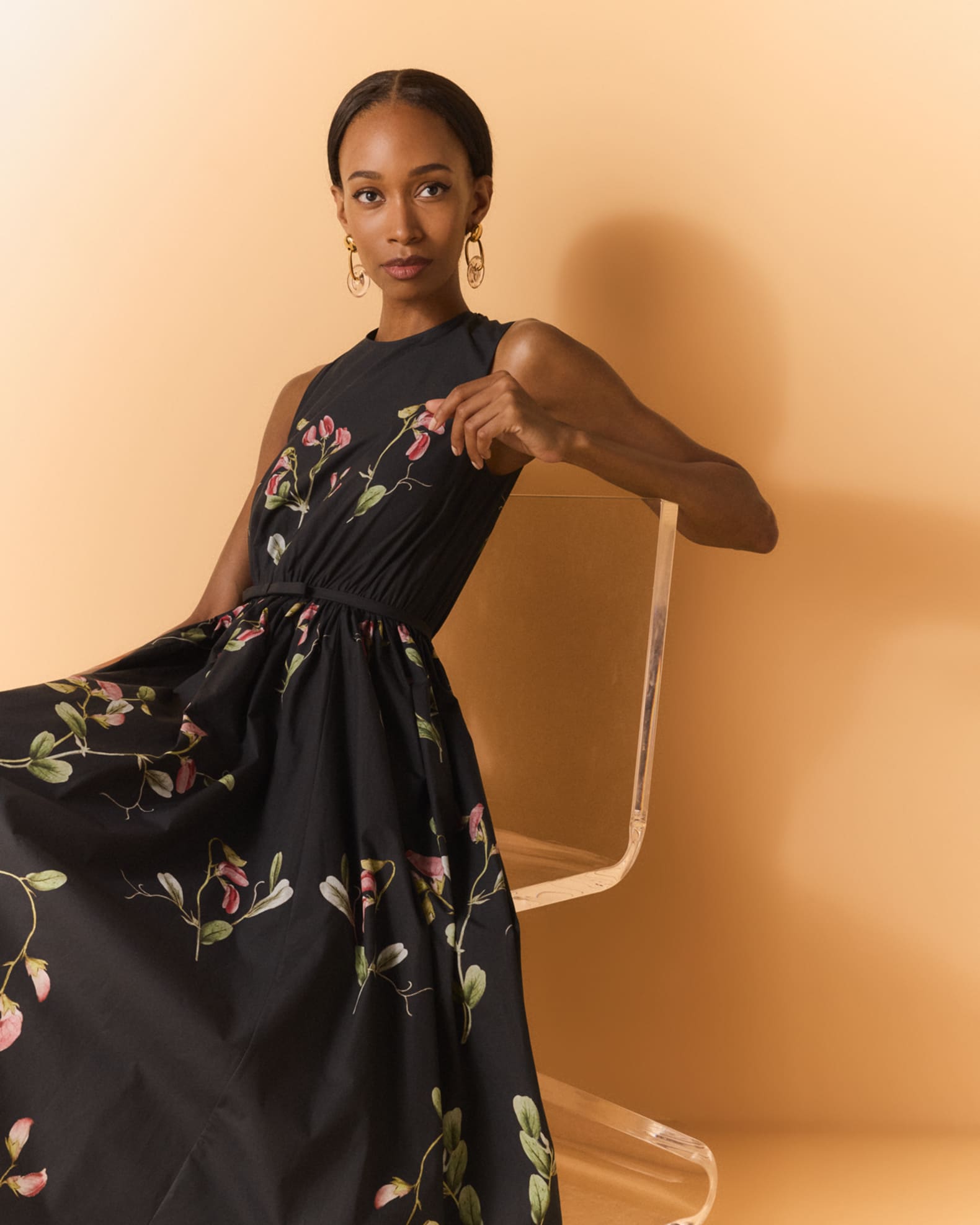 Giambattista Valli Flower-Print Bow Sleeveless Midi Dress | Neiman Marcus