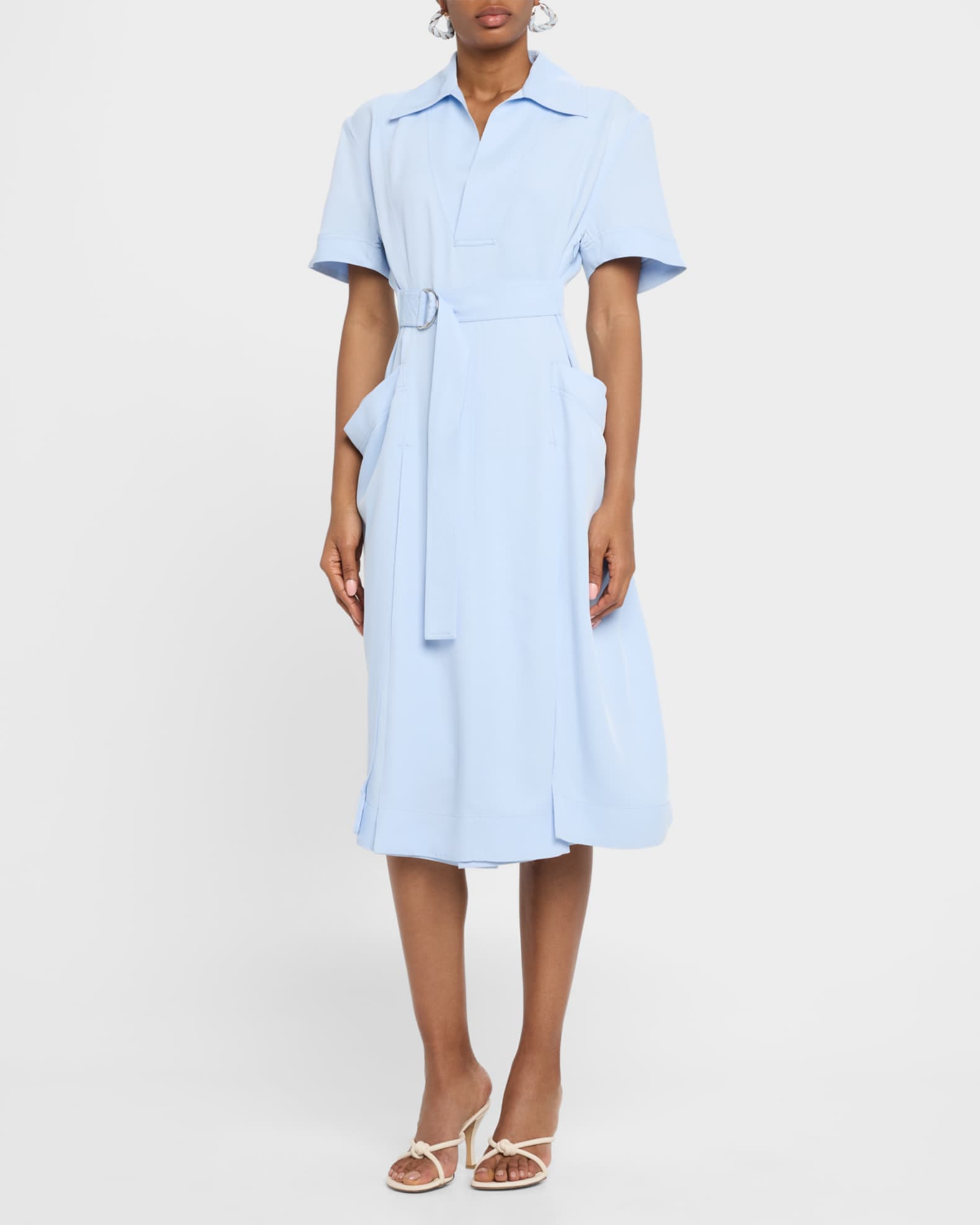 Bottega Veneta Short-Sleeve Belted Fine Twill Midi Shirtdress | Neiman ...