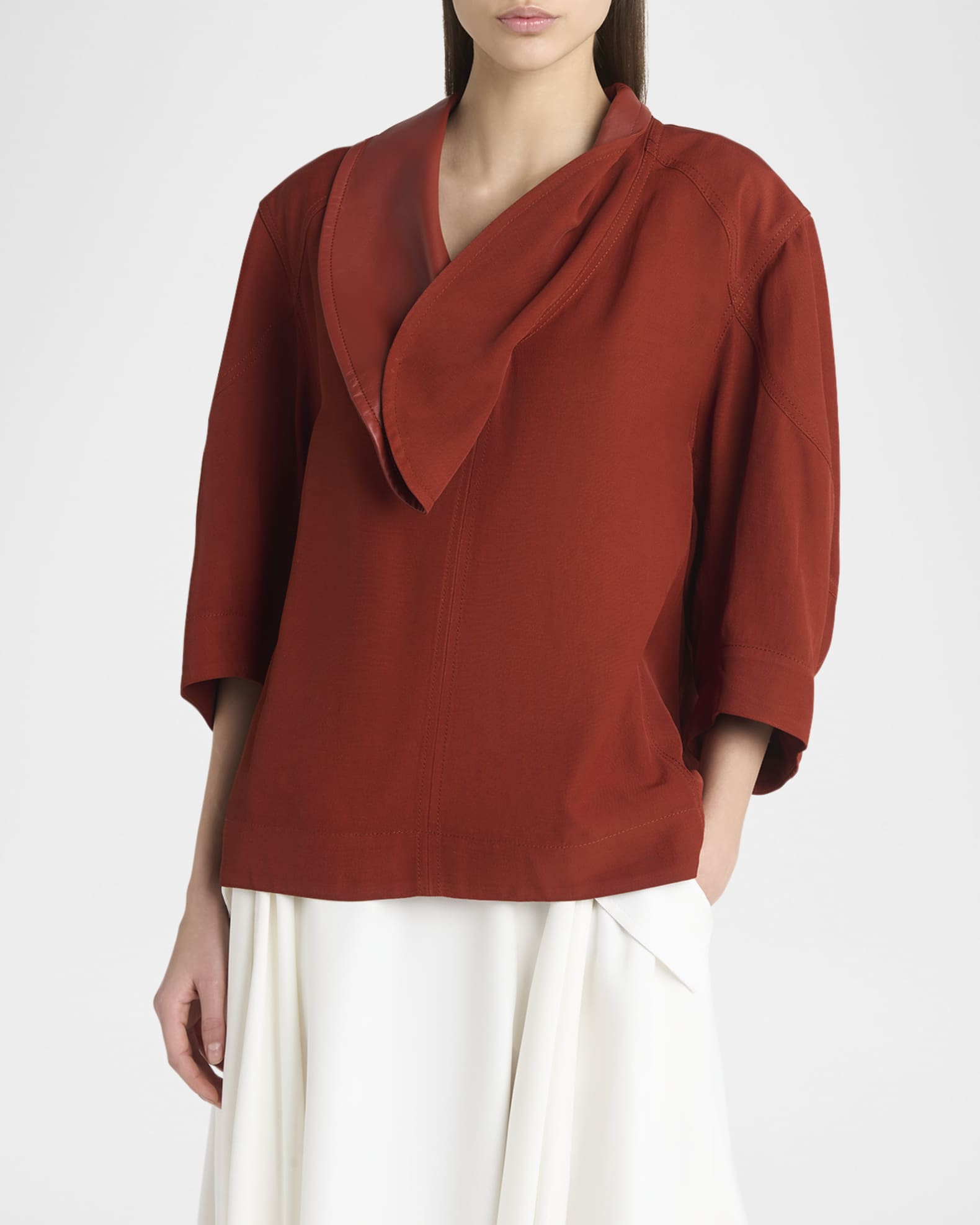 Bottega Veneta Leather-Neck Grainy Viscose-Linen Cocoon Shirt | Neiman Marcus