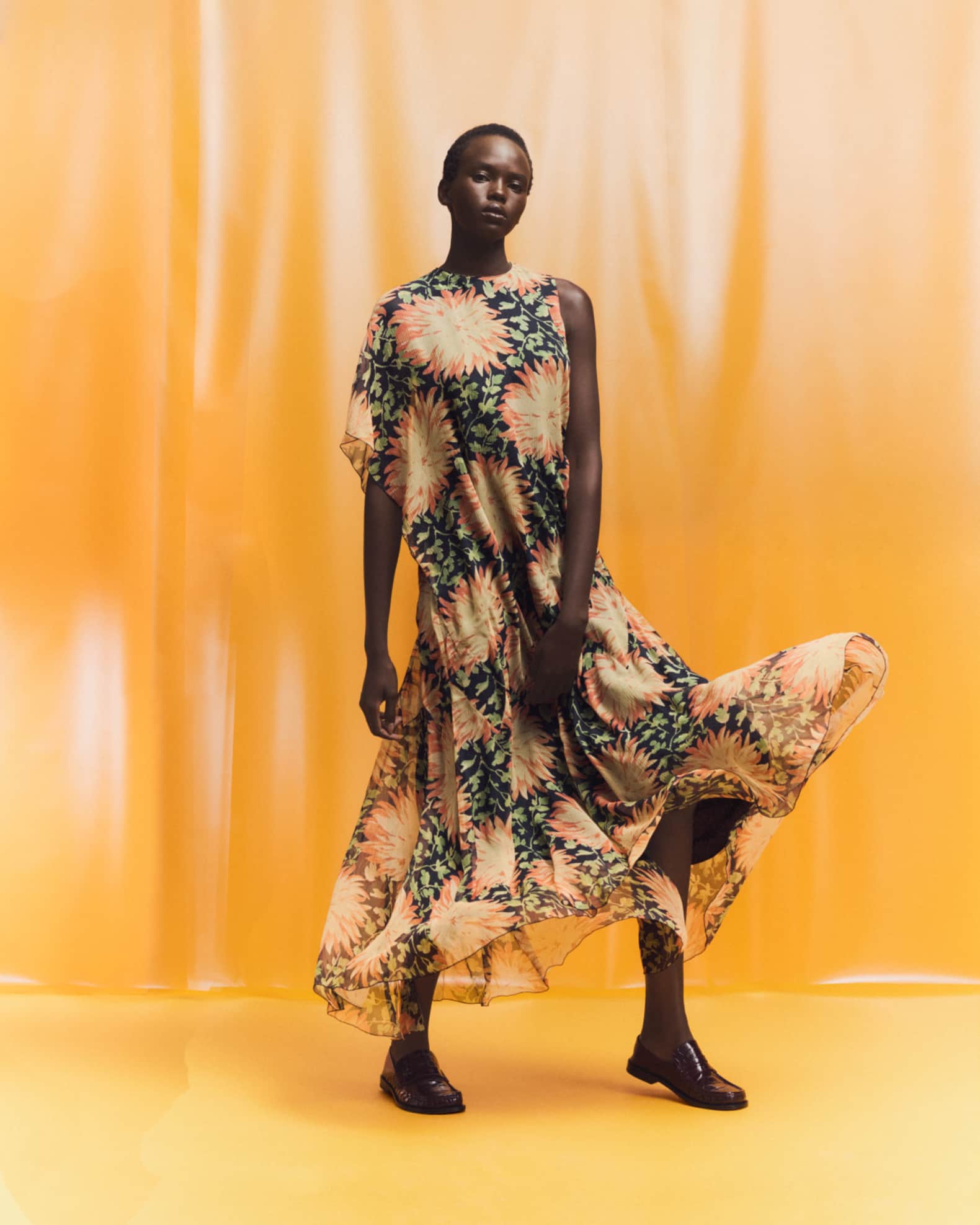 Loewe Long Floral Print One-Sleeve Chiffon Silk Dress | Neiman Marcus