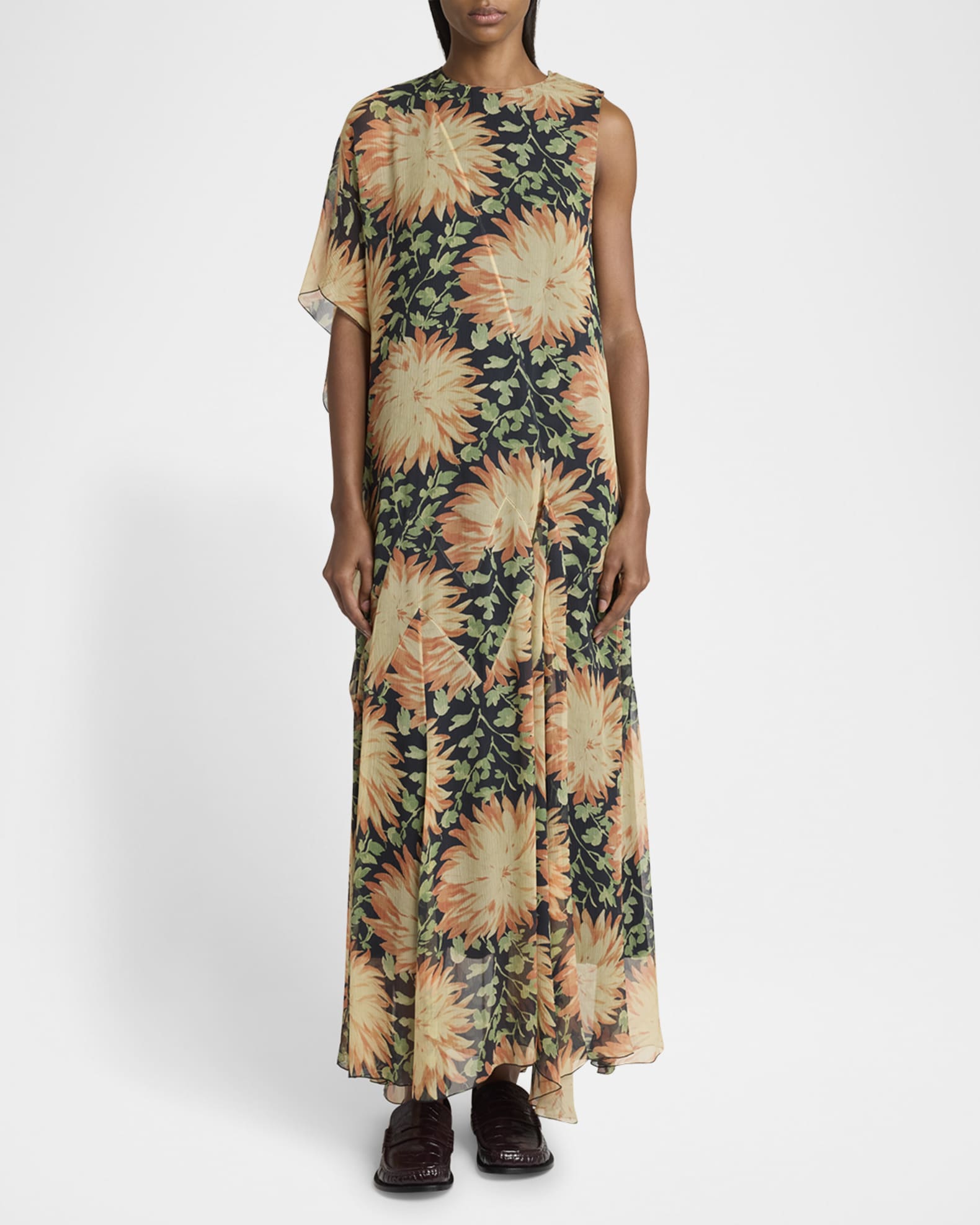Loewe Long Floral Print One-Sleeve Chiffon Silk Dress | Neiman Marcus