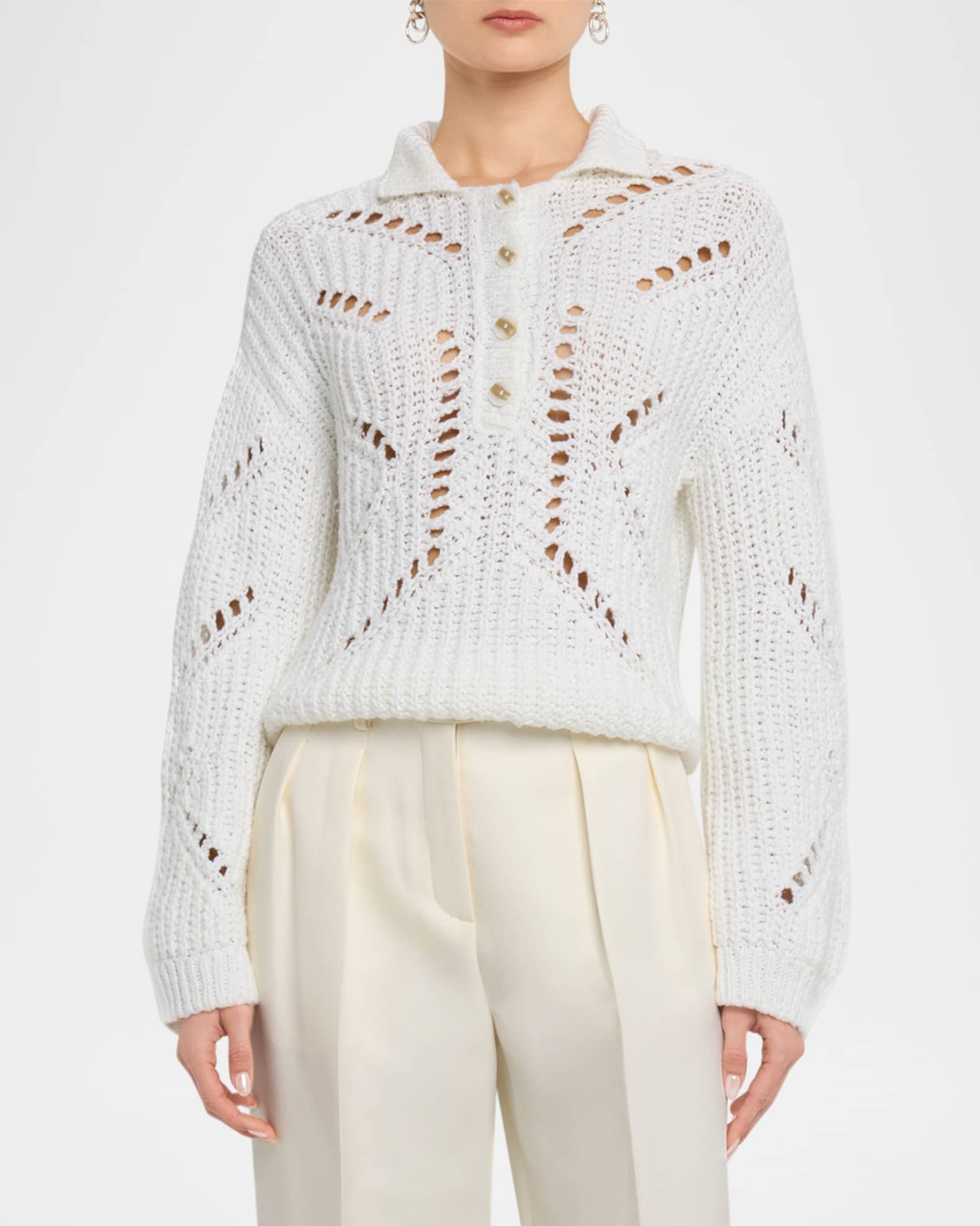 Naadam Ribbed Open-Stitch Quarter Button Sweater | Neiman Marcus