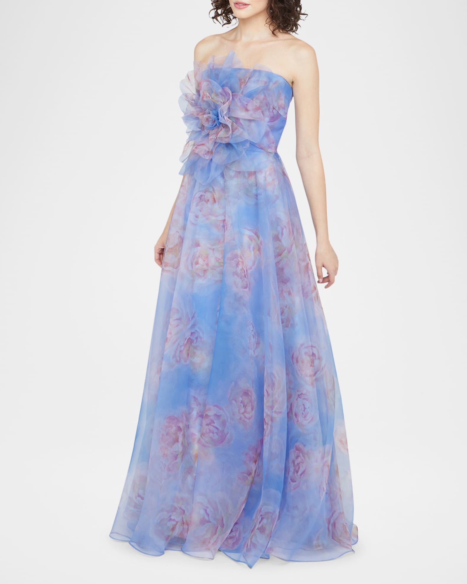 Theia Kimberly Strapless Floral-Print Organza Gown | Neiman Marcus