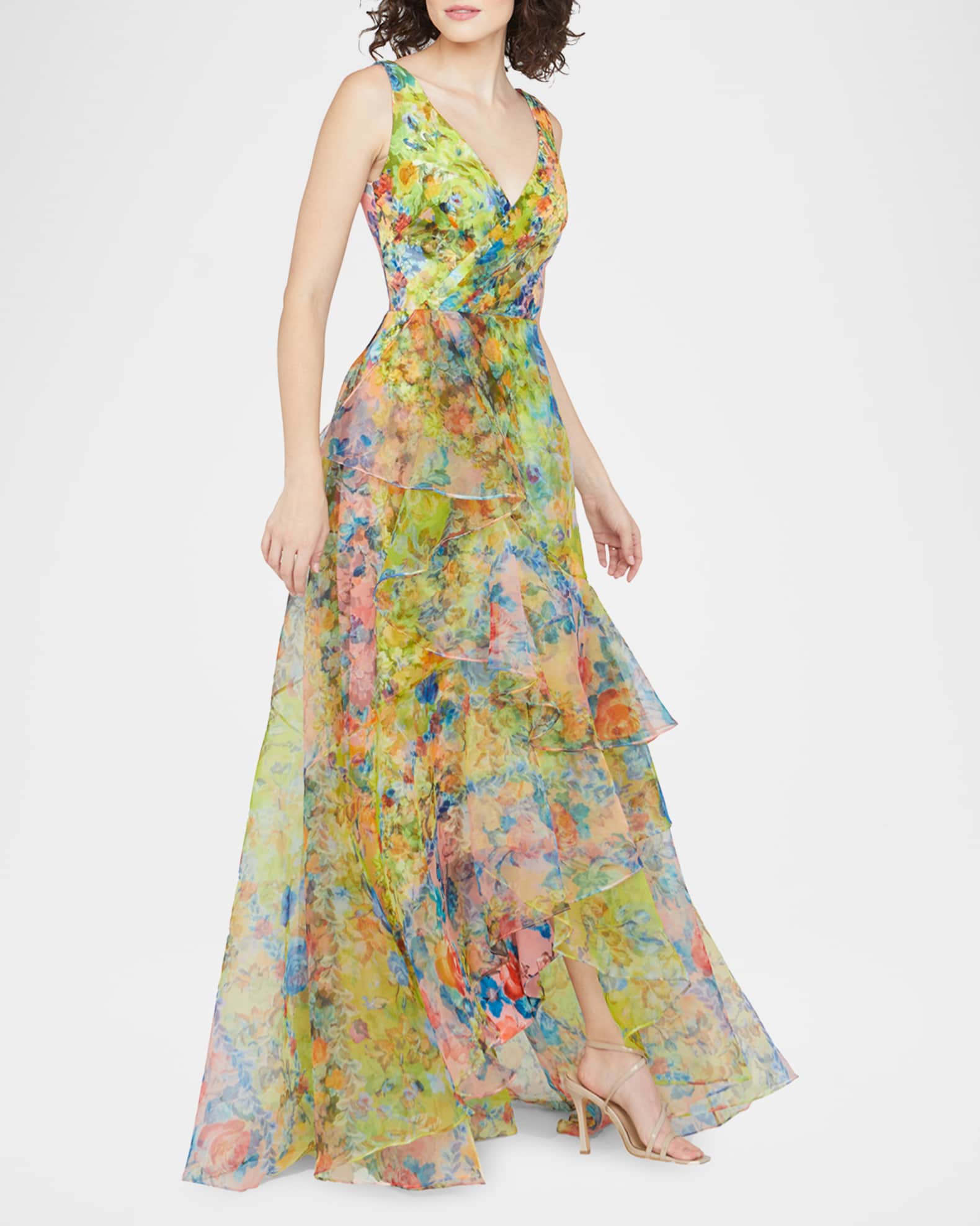 Theia Mindy High-Low Ruffle Organza Gown | Neiman Marcus