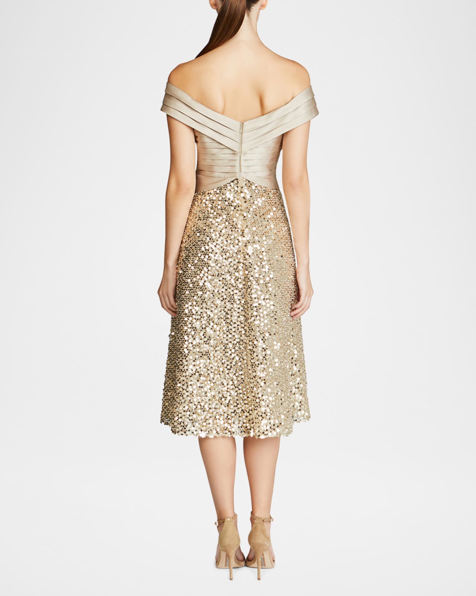 Theia Brandy Off-Shoulder Pleated Sequin Midi Dress | Neiman Marcus