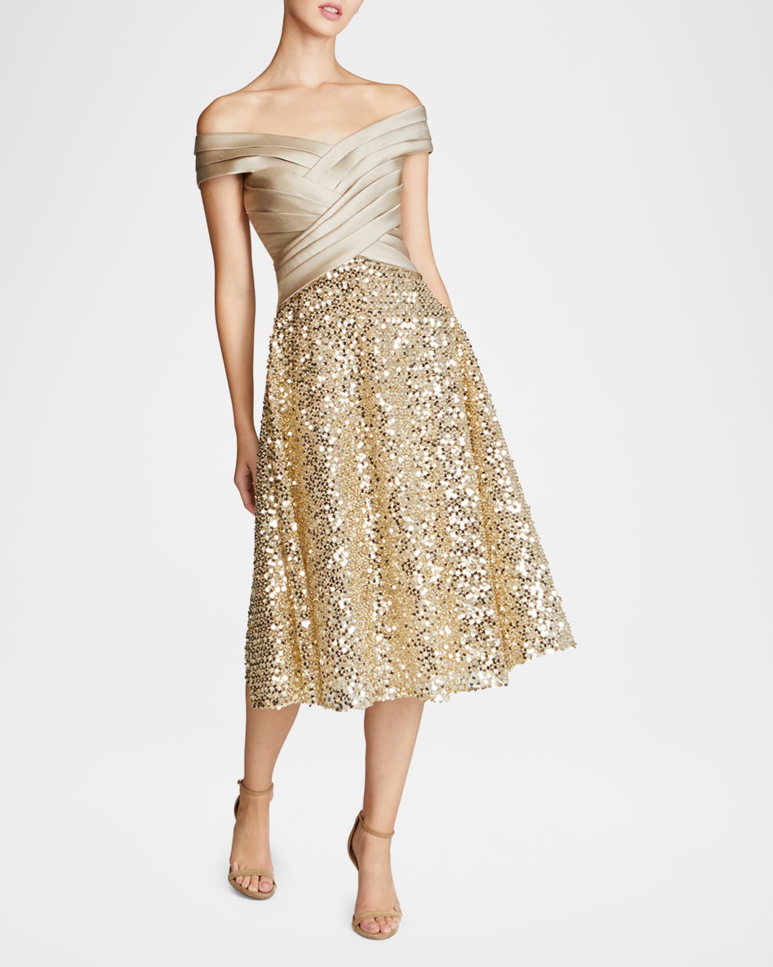 Theia Brandy Off-Shoulder Pleated Sequin Midi Dress | Neiman Marcus