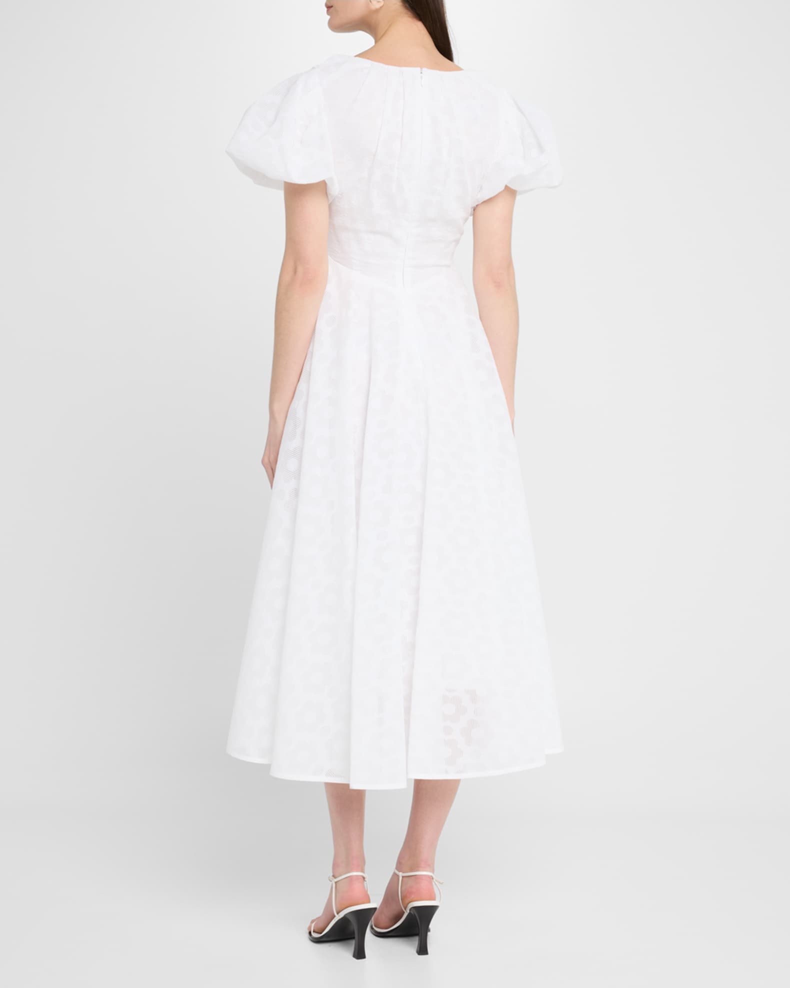 Talbot Runhof Pril Flower Organdi Puff-Sleeve Midi Dress | Neiman Marcus
