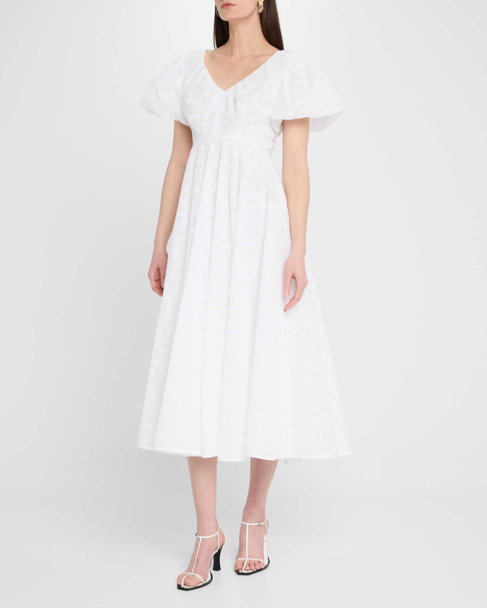 Talbot Runhof Pril Flower Organdi Puff-Sleeve Midi Dress | Neiman Marcus