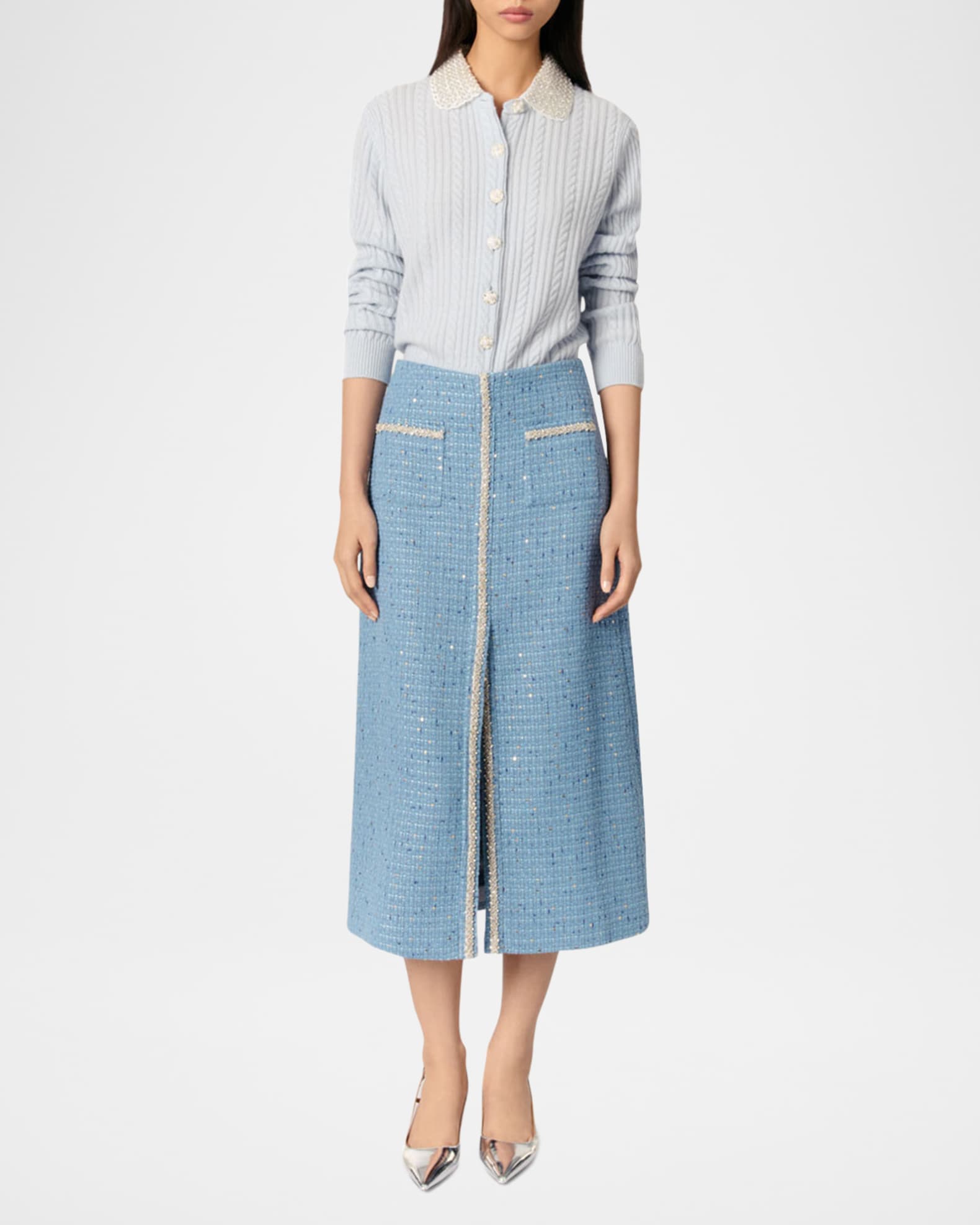 Maje Jilya Sequined Tweed Midi Skirt | Neiman Marcus